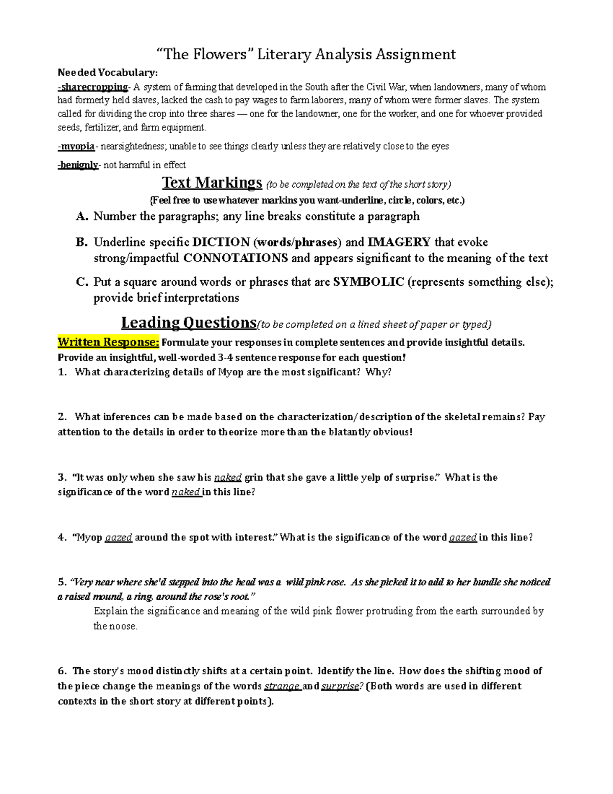 Copy of “The Flowers” Literary Analysis Assignment - “The Flowers ...