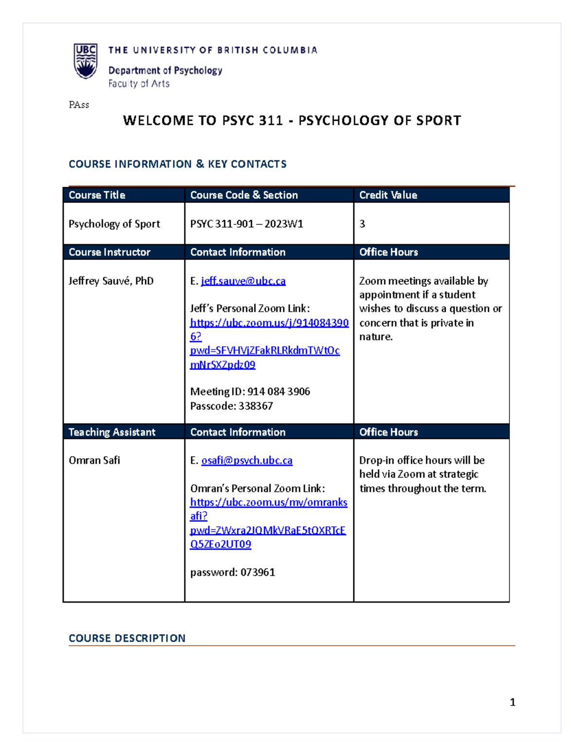 PSYC 311 - Psychology OF Sport - Syllabus 2023W1-3 - PAss WELCOME TO ...