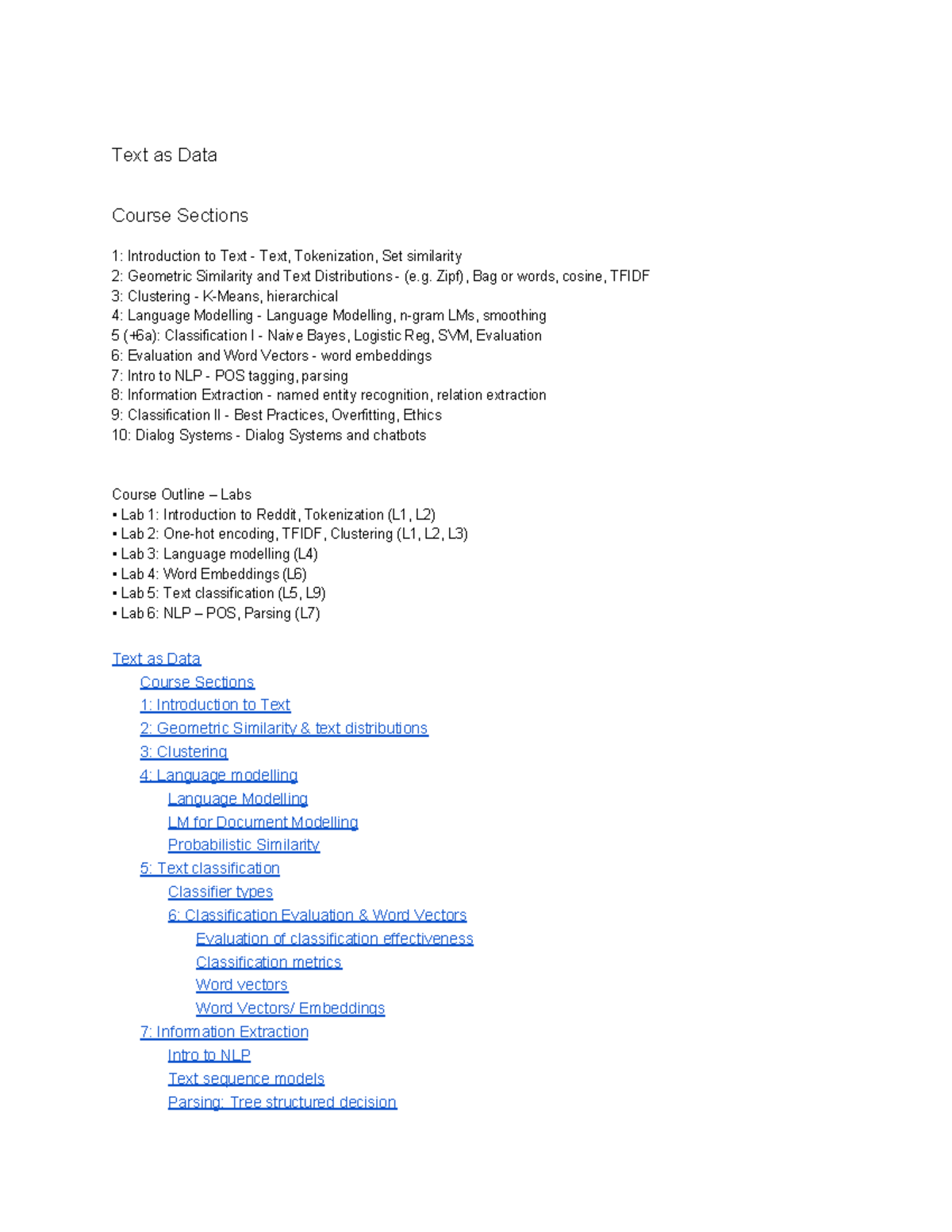 TAD - Lecture notes 1-9 - Text as Data Course Sections 1: Introduction ...