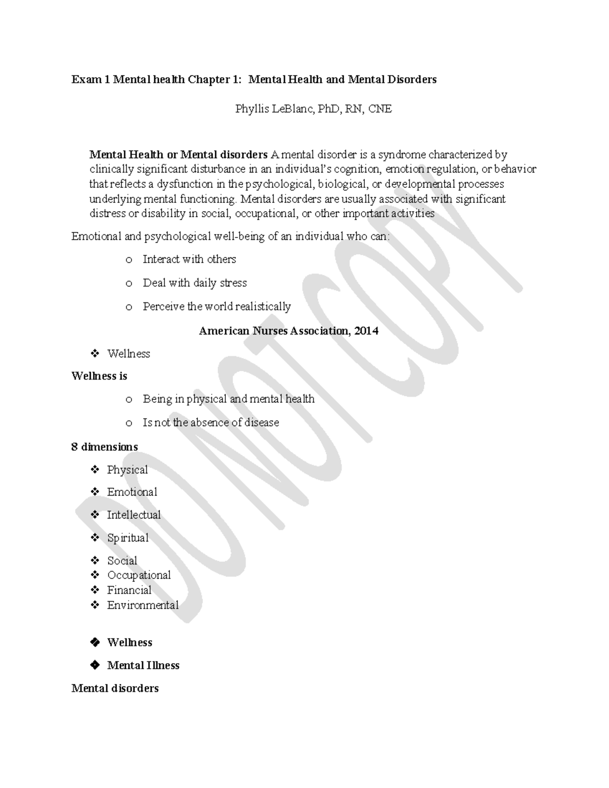 Exam 1 Mental health Chapter 1 - Exam 1 Mental health Chapter 1: Mental ...