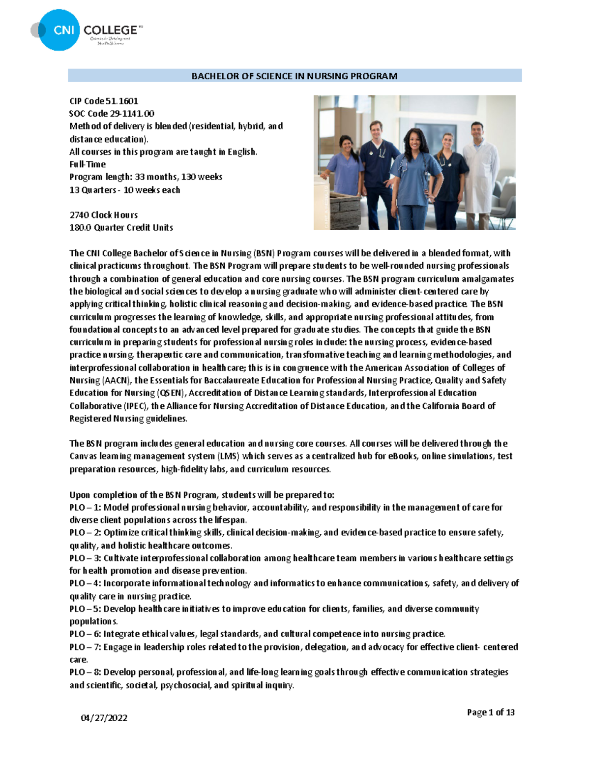 BSN Admissions Handout 4 - BACHELOR OF SCIENCE IN NURSING PROGRAM CIP ...