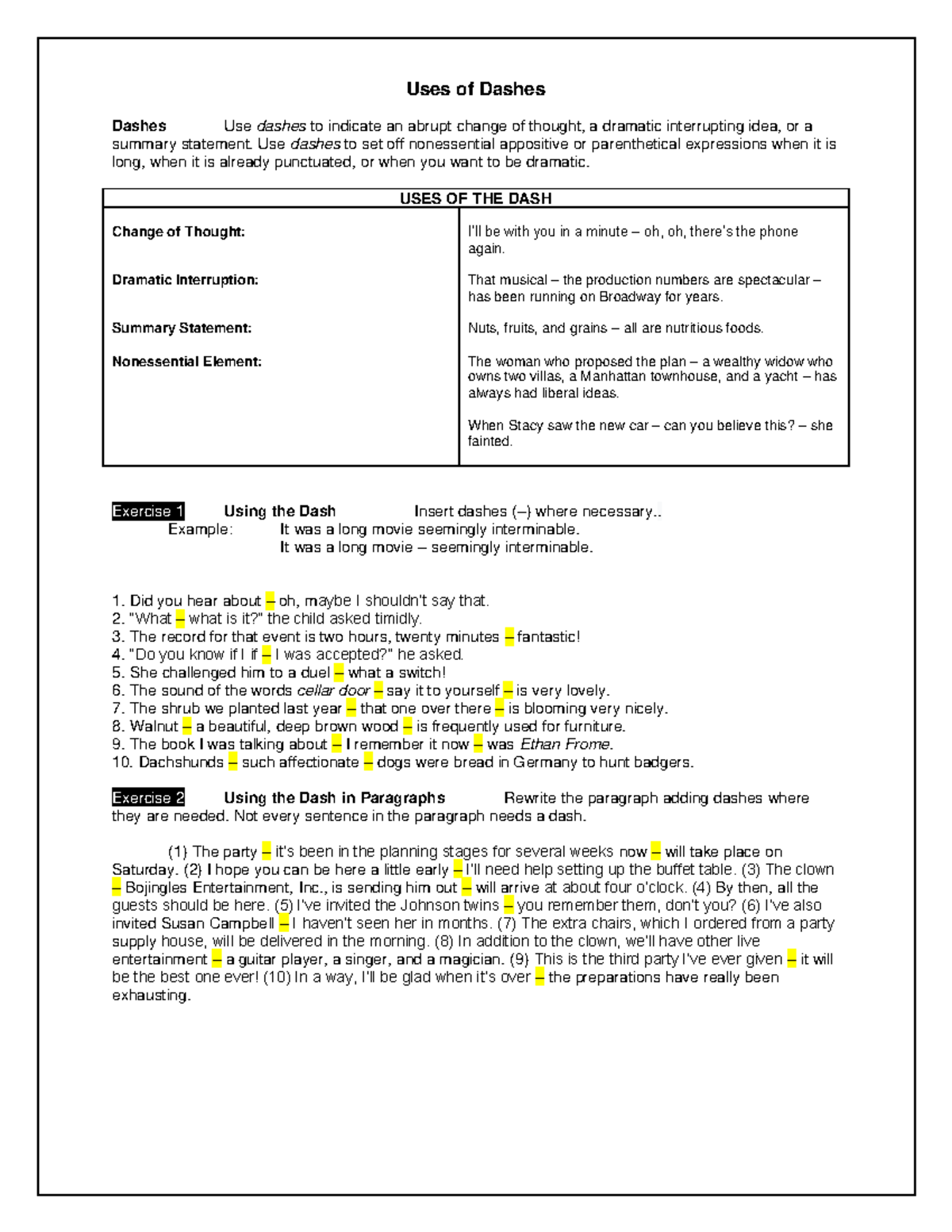 Uses of Dashes - Uses of Dashes Dashes Use dashes to indicate an abrupt ...