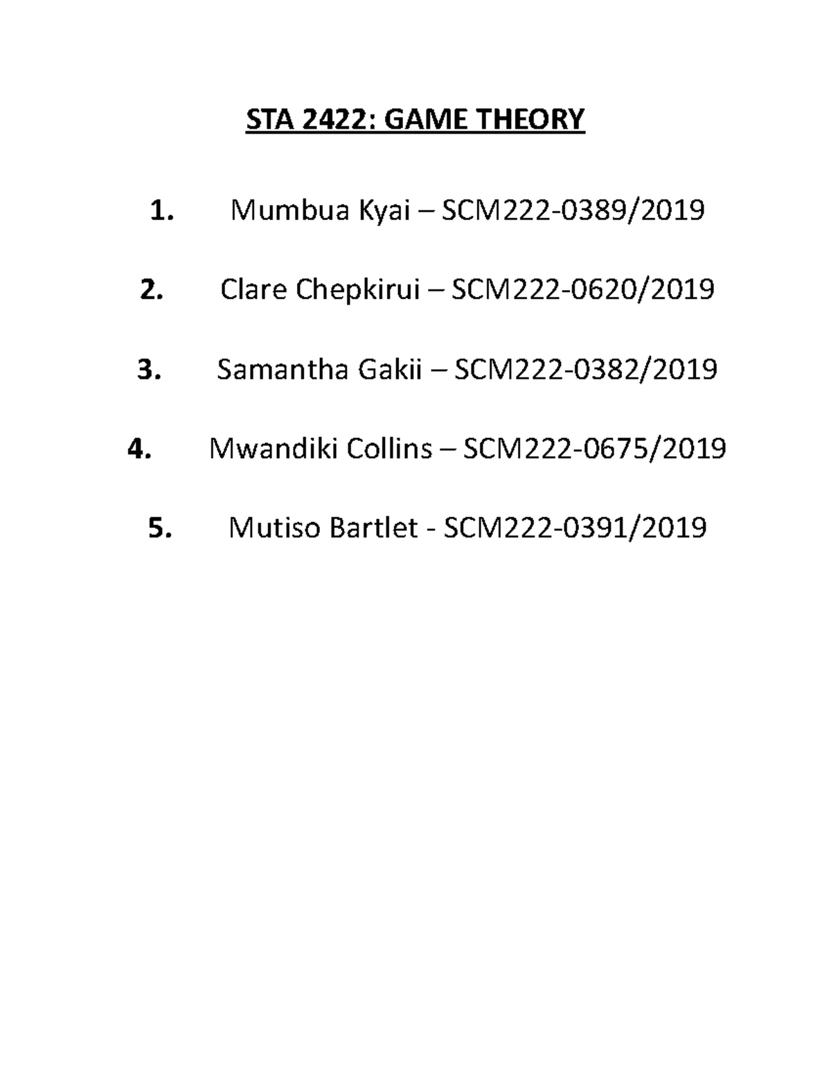 DOC-20231022-WA0002 - assignments on the same topic/unit - STA 2422: GAME THEORY - 1. Mumbua ...