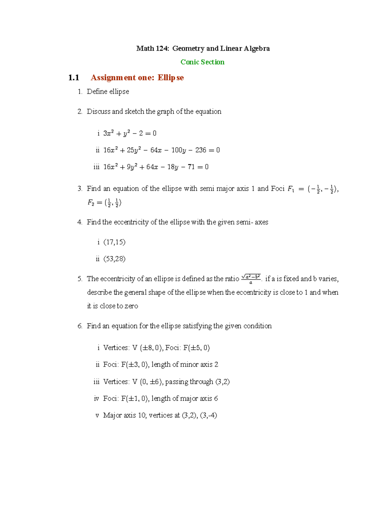 Ellipse - Math 124: Geometry and Linear Algebra Conic Section 1 ...