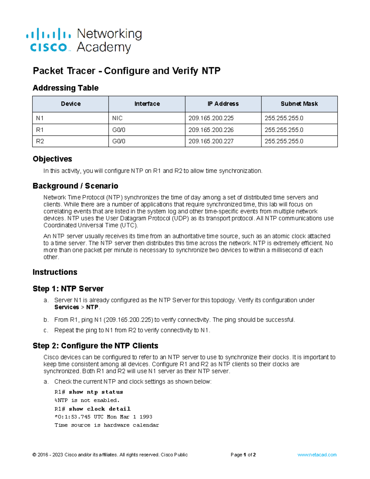 10 - Cisco - Packet Tracer - Configure and Verify NTP Addressing Table Device Interface IP ...
