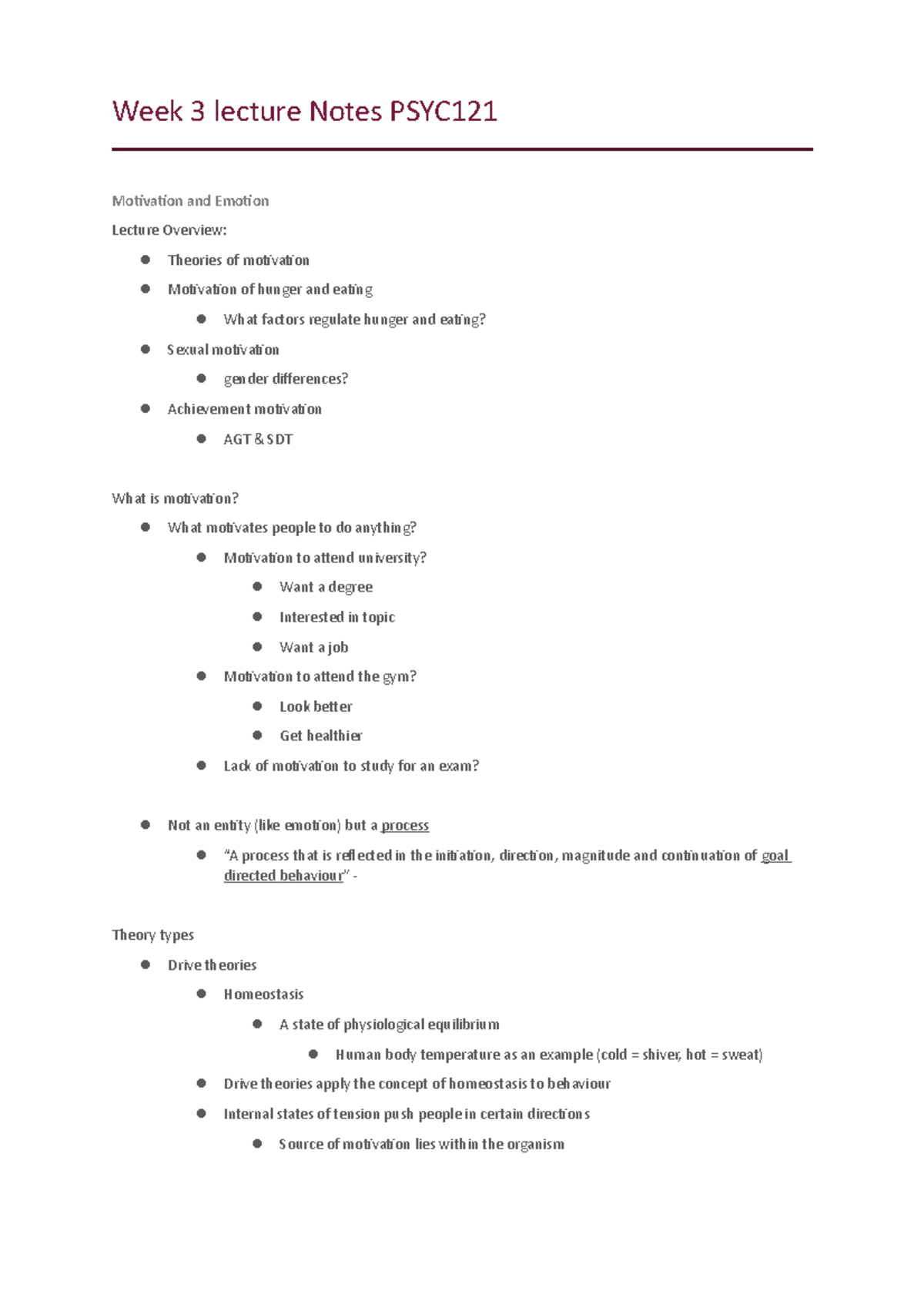 Week 3 lecture Notes PSYC121 - Week 3 lecture Notes PSYC Motivation and ...