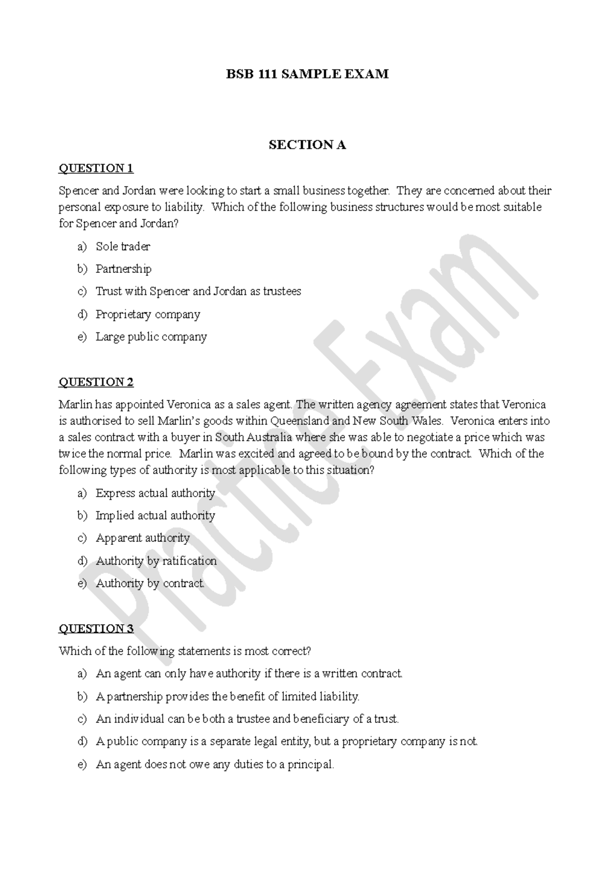 Exam 2018, questions - BSB 111 SAMPLE EXAM SECTION A QUESTION 1 Spencer ...