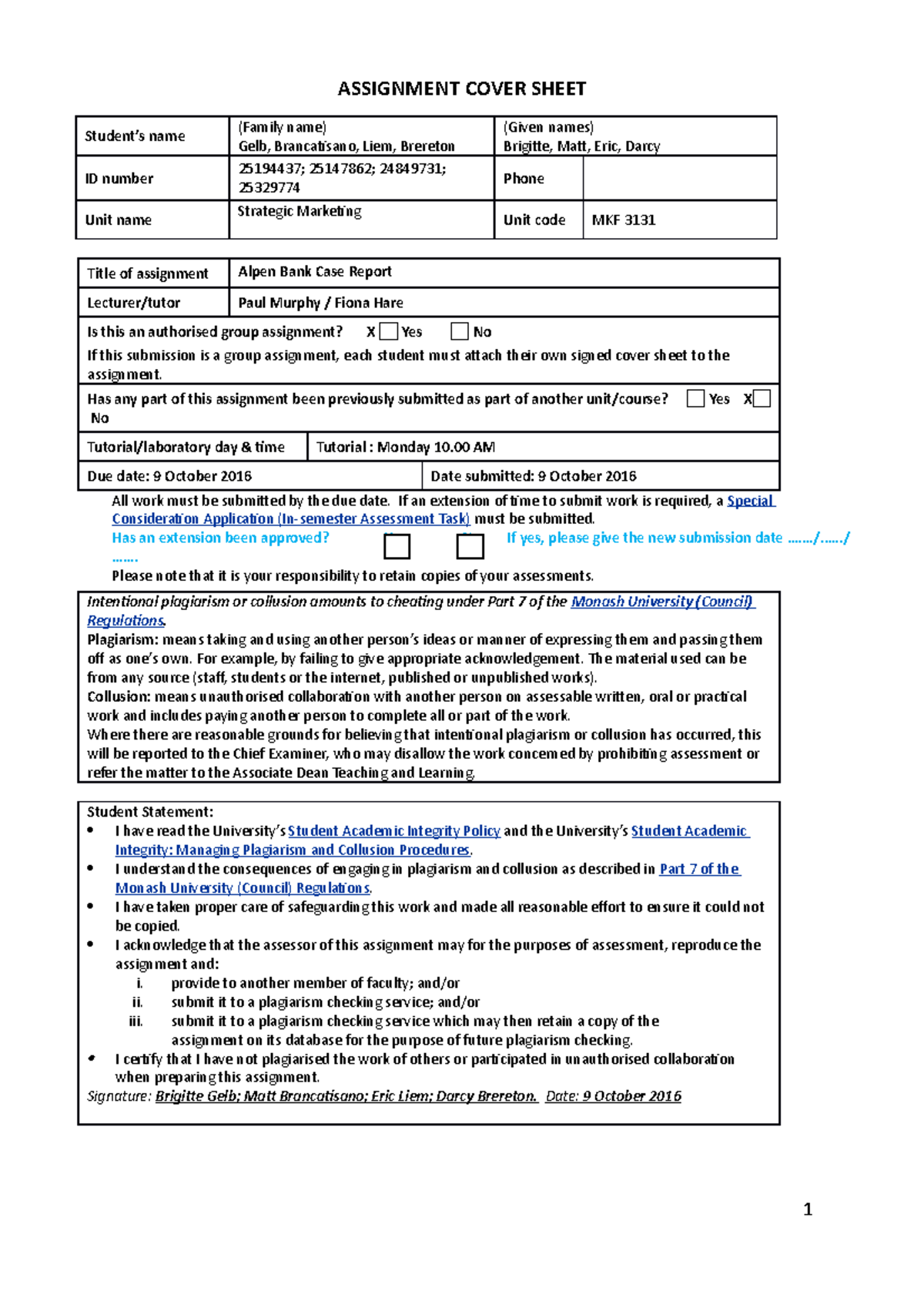 Seminar assignments - The alpen bank case study. - ASSIGNMENT COVER ...
