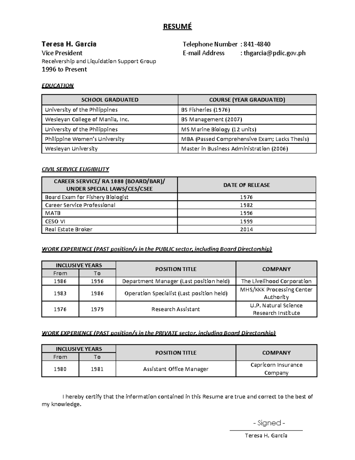 Sample CV condensed - CV format - RESUMÉ Teresa H. Garcia Telephone ...