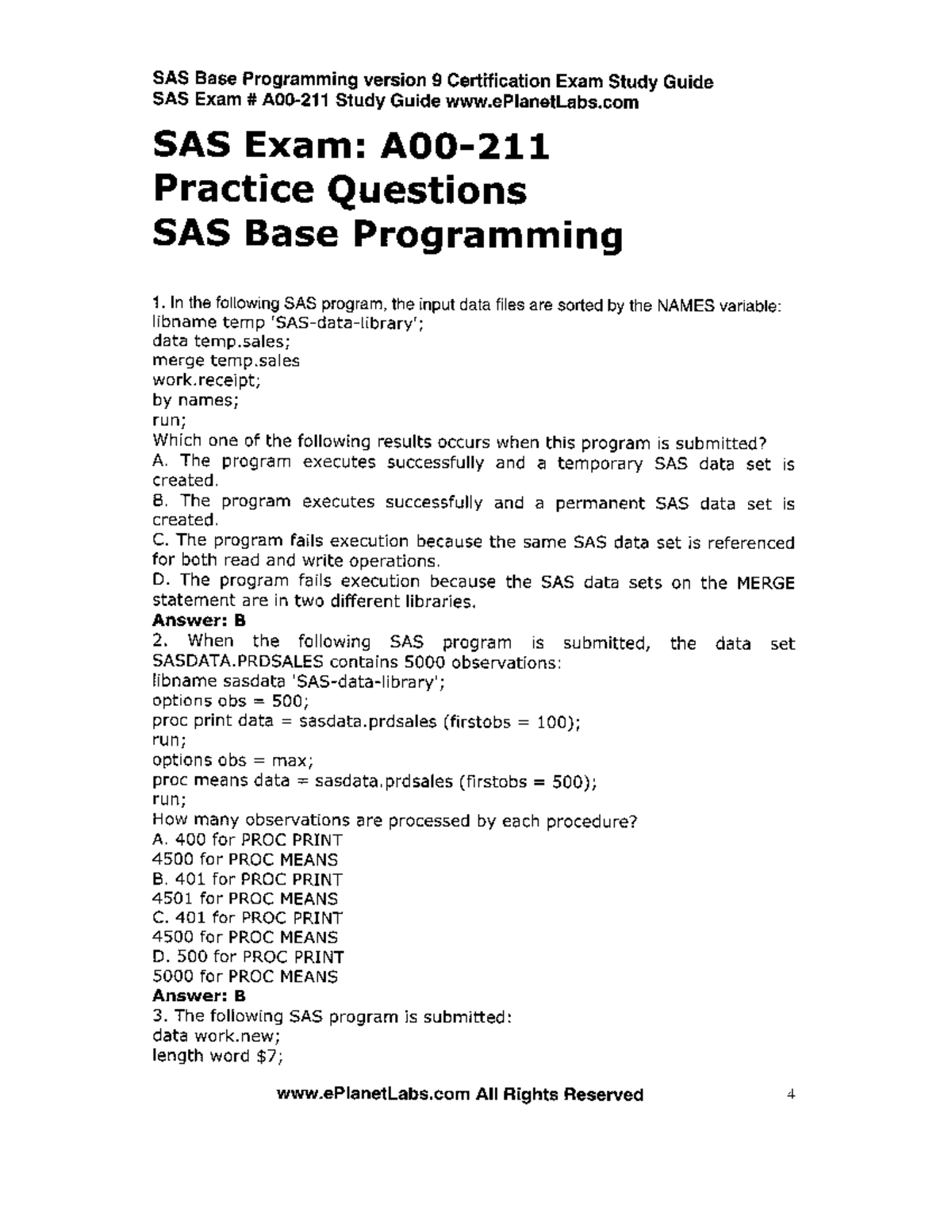 123题 - SAS base 考试必备 70真题(附答案)SAS base 考试必备 70真题(附答案) - SAS Base Programming version 9 ...