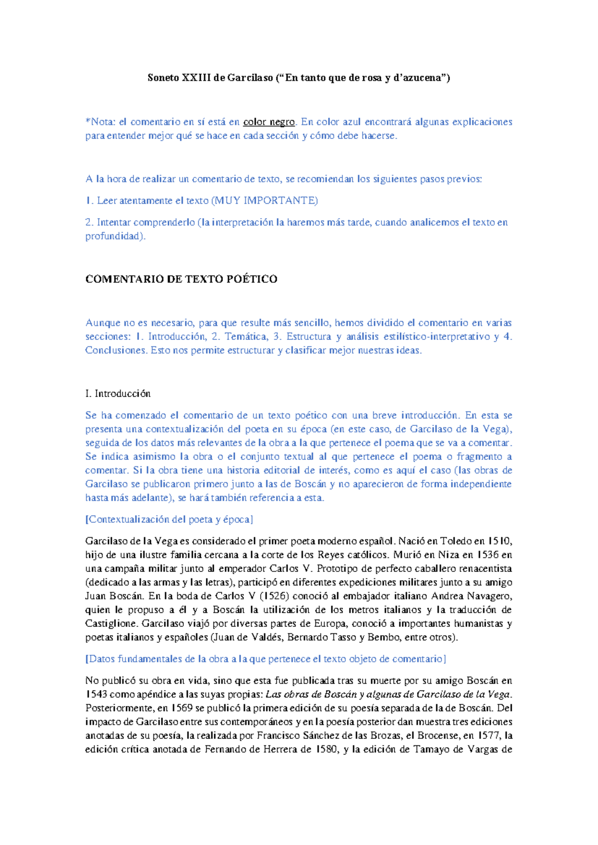 Modelo de comentario - Soneto XXIII de Garcilaso (“En tanto que de rosa ...