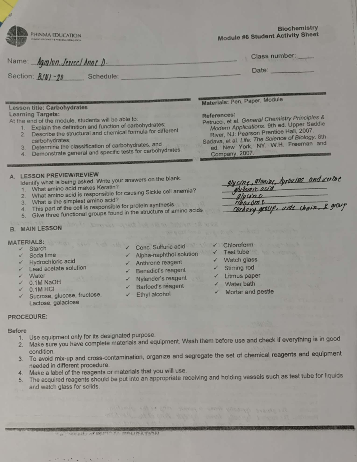 BIO 024- LIPID - Biochemistry PHINMA EDUCATION Module Student Activity ...