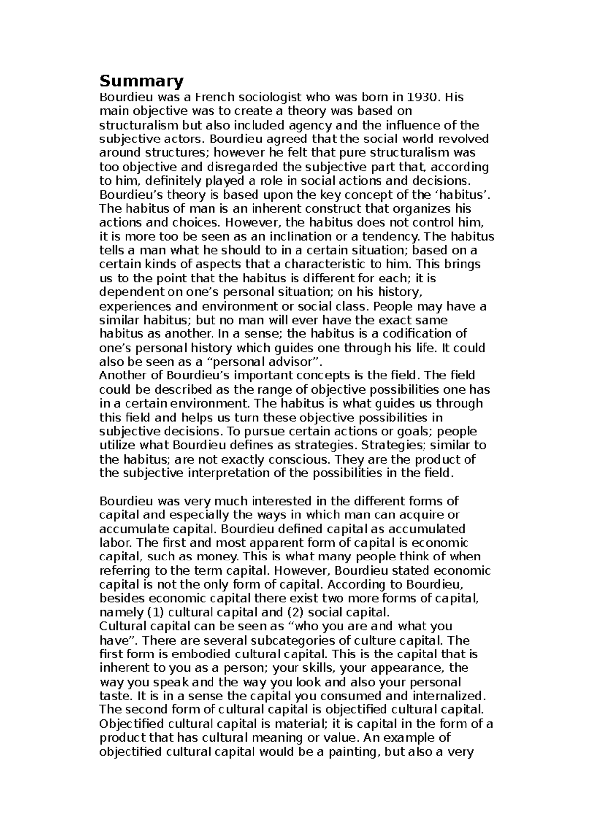 Bourdieu summary - Summary Bourdieu was a French sociologist who was ...