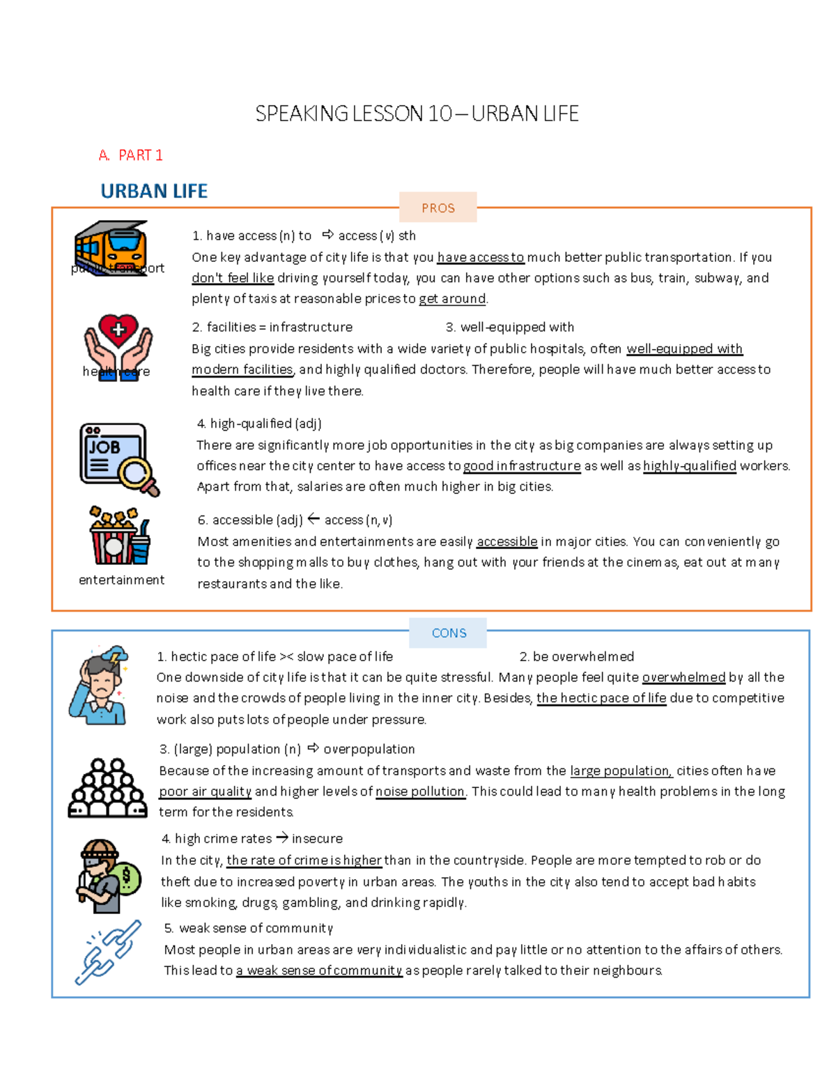 Upper Urban-life Vocab 1 - PROS SPEAKING LESSON 10 – URBAN LIFE A. PART ...
