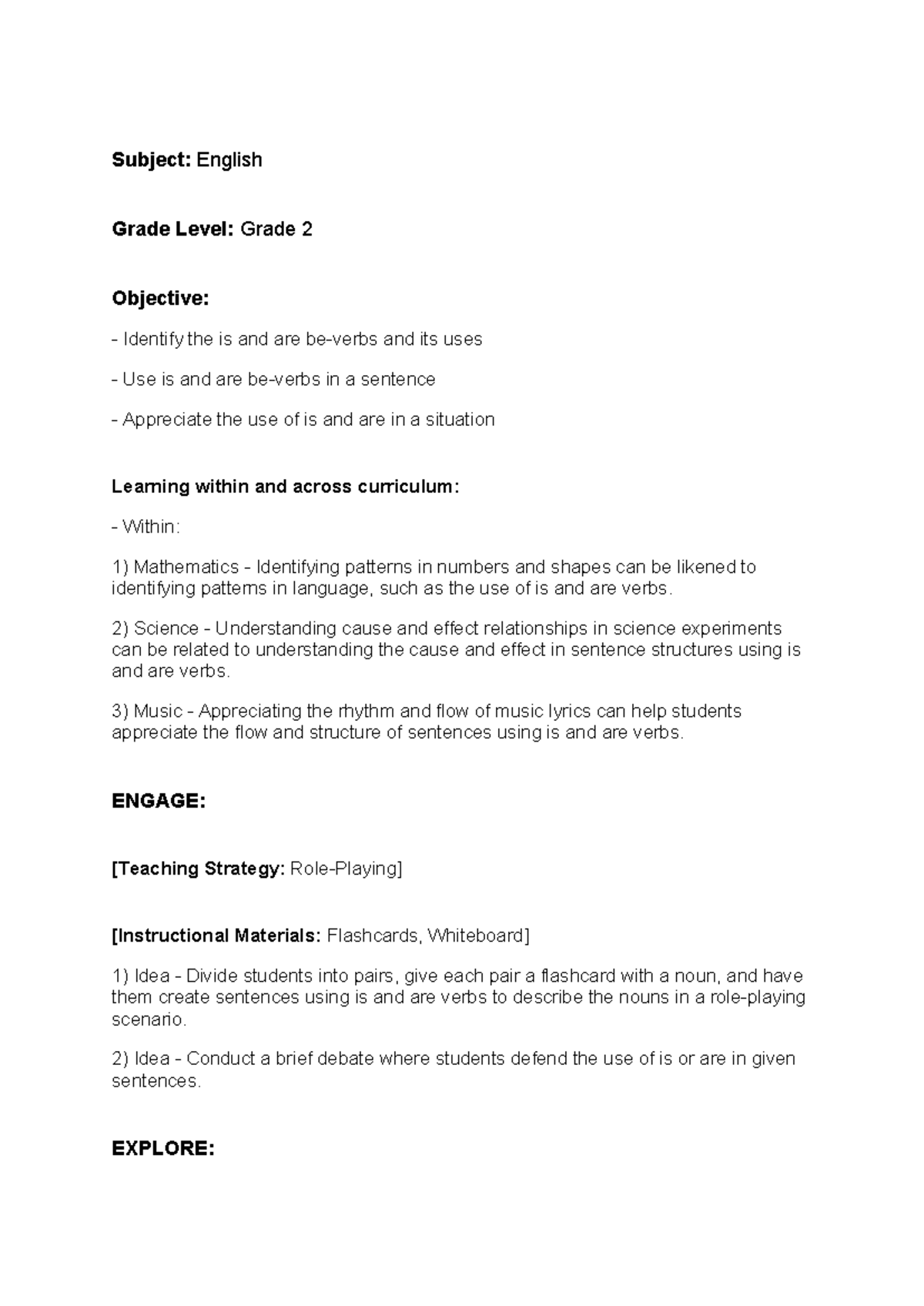 Lesson plan - ESL - Subject: English Grade Level: Grade 2 Objective ...