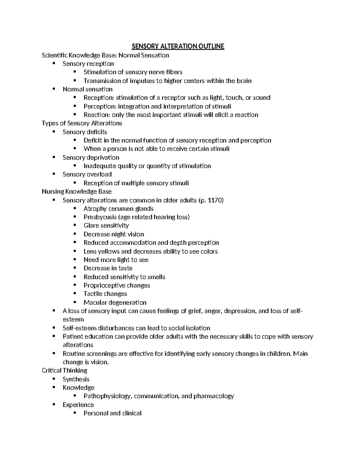 Sensory Alteration Outline nur 104 - SENSORY ALTERATION OUTLINE ...