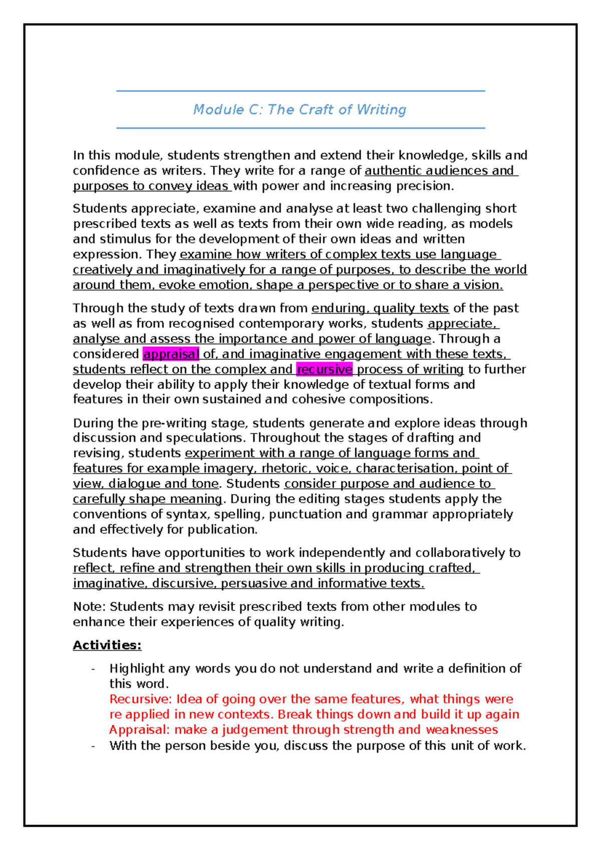 Module C - Rubric Introduction - Module C: The Craft of Writing In this ...