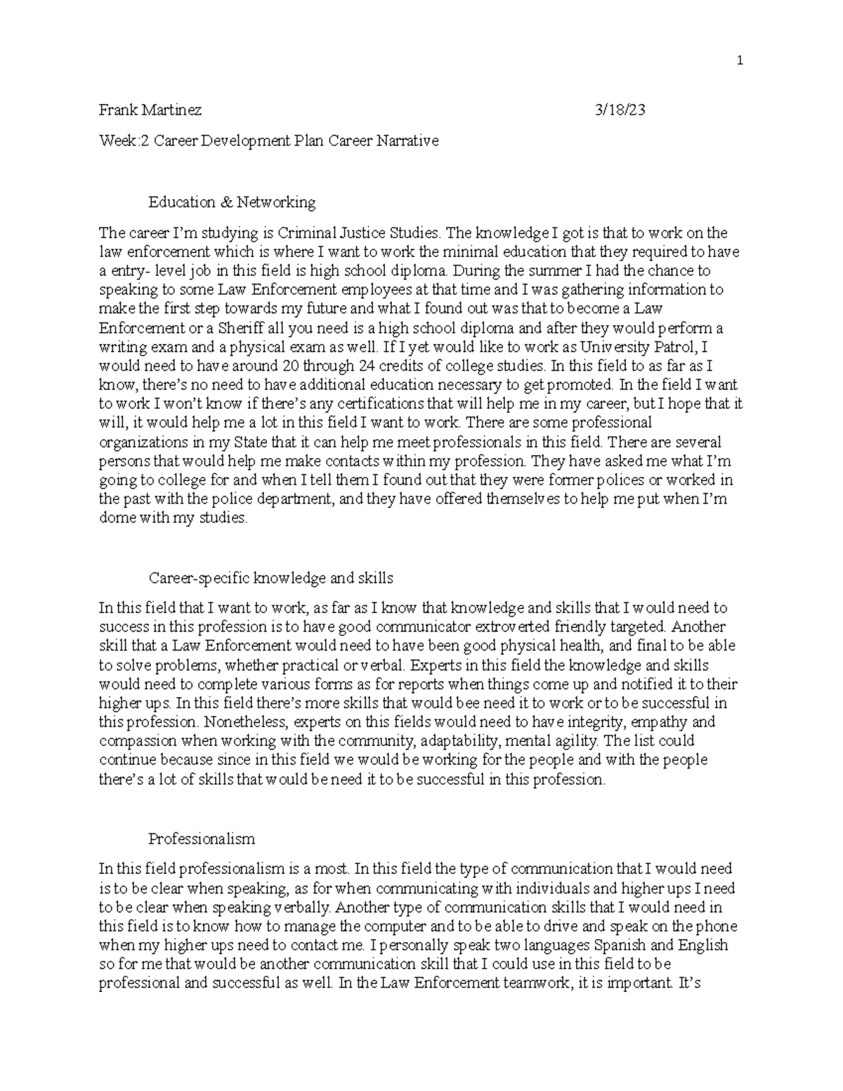 Career Development Plan Project I - 1 Frank Martinez 3/18/ Week:2 ...