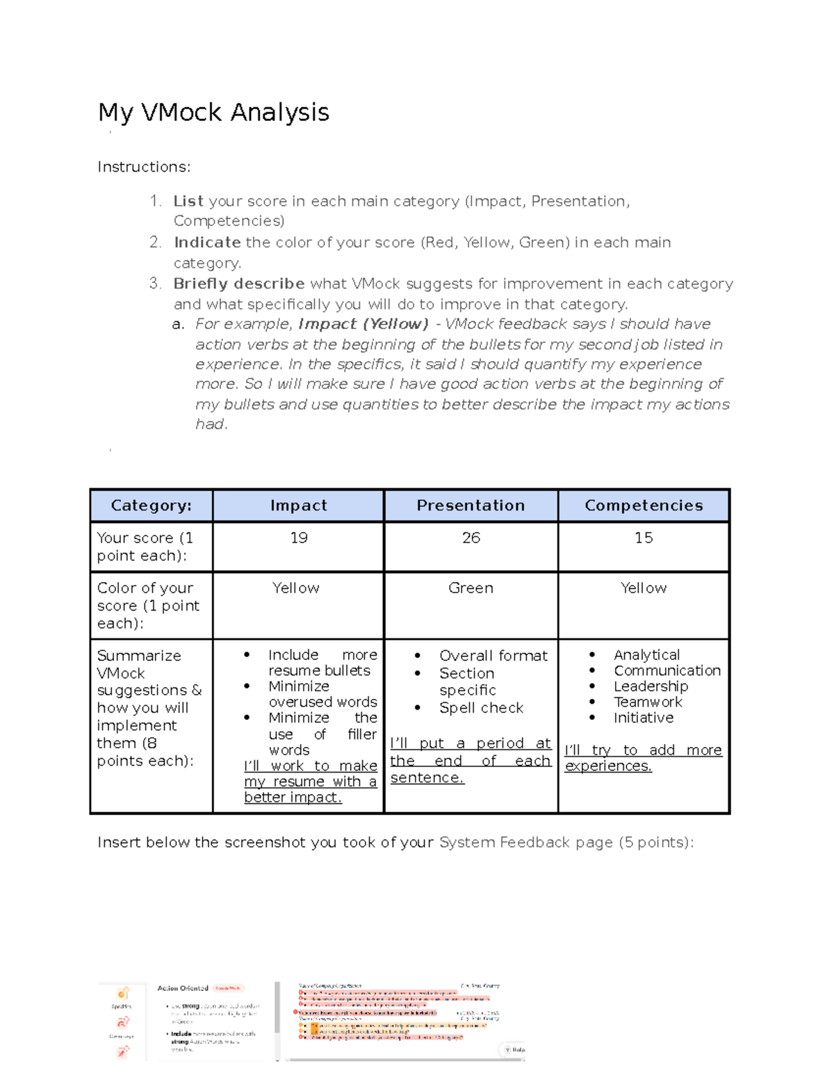 W4 VMock Analysis - My VMock Analysis Instructions: 1. List your score in each main category ...