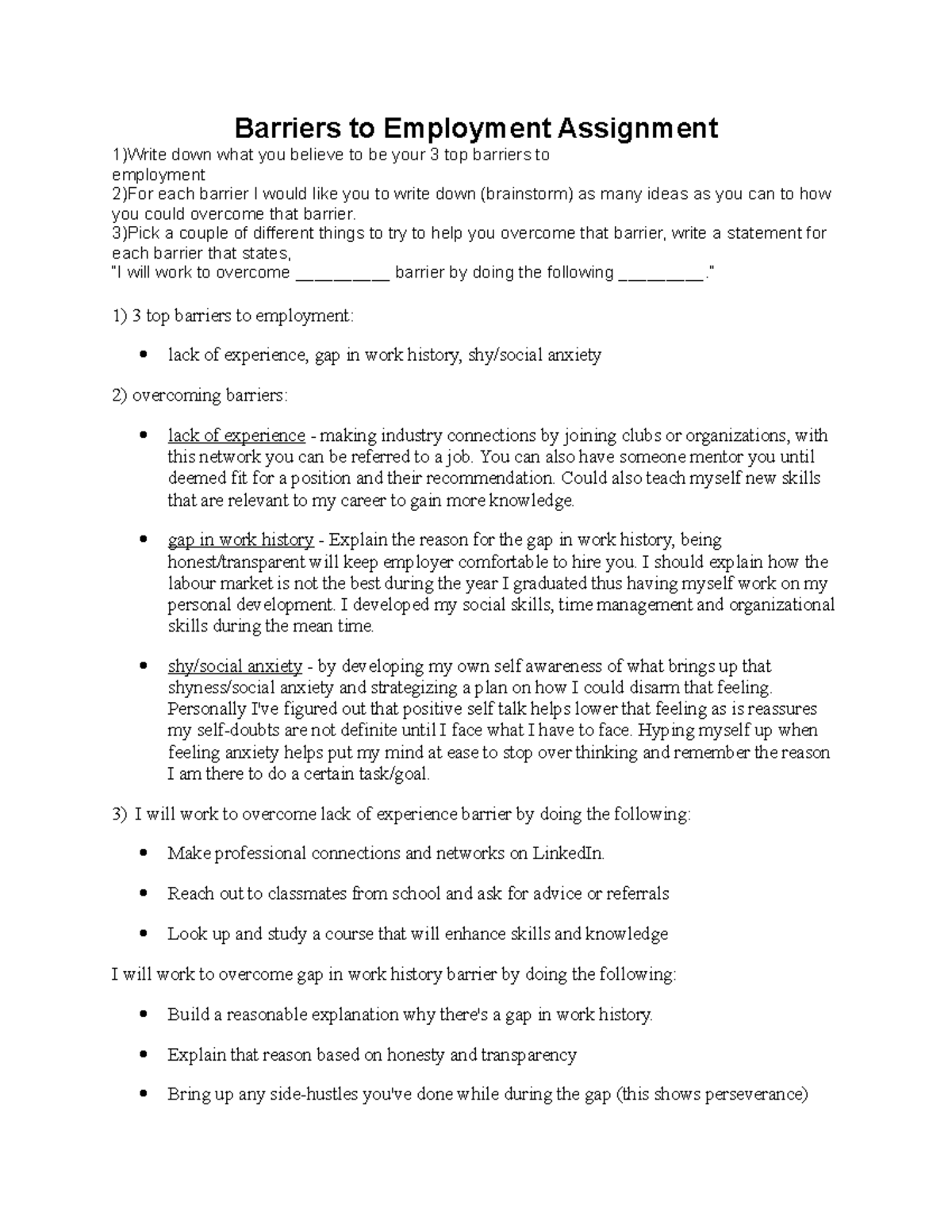 Barriers to Employment - 3)Pick a couple of different things to try to ...