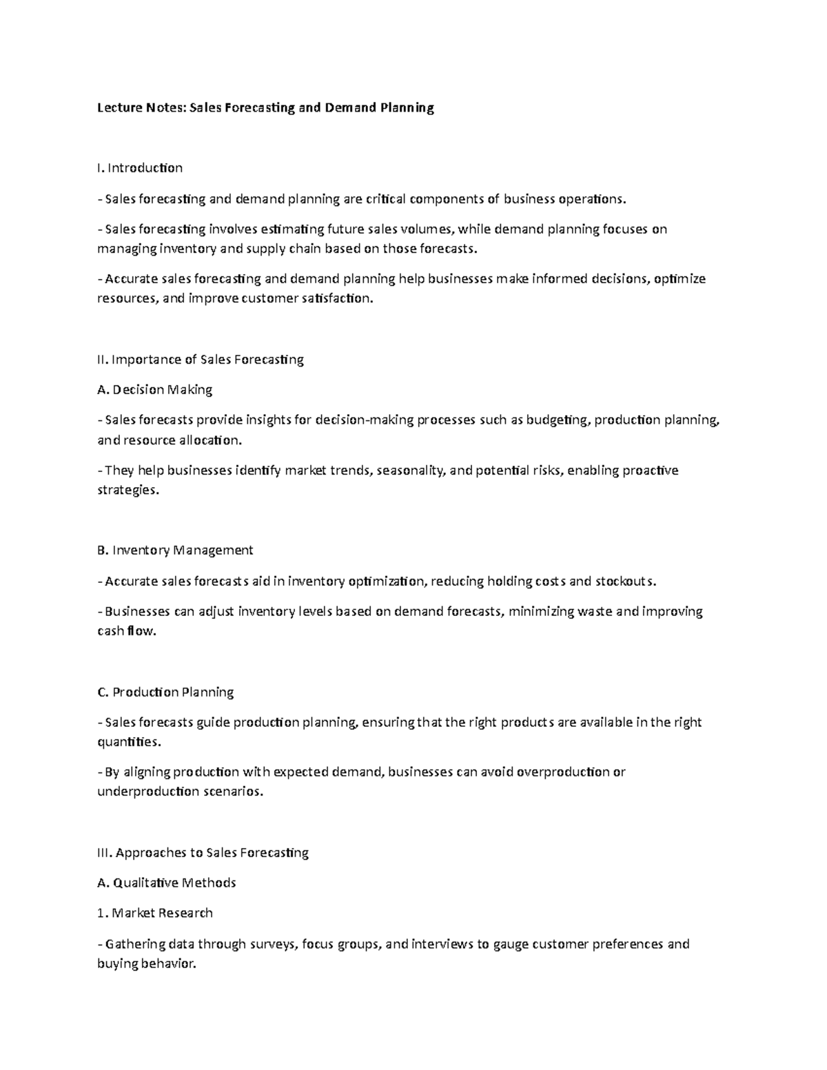 Lecture Notes Sales Forecasting And Demand Planning Introduction Sales Forecasting And Demand