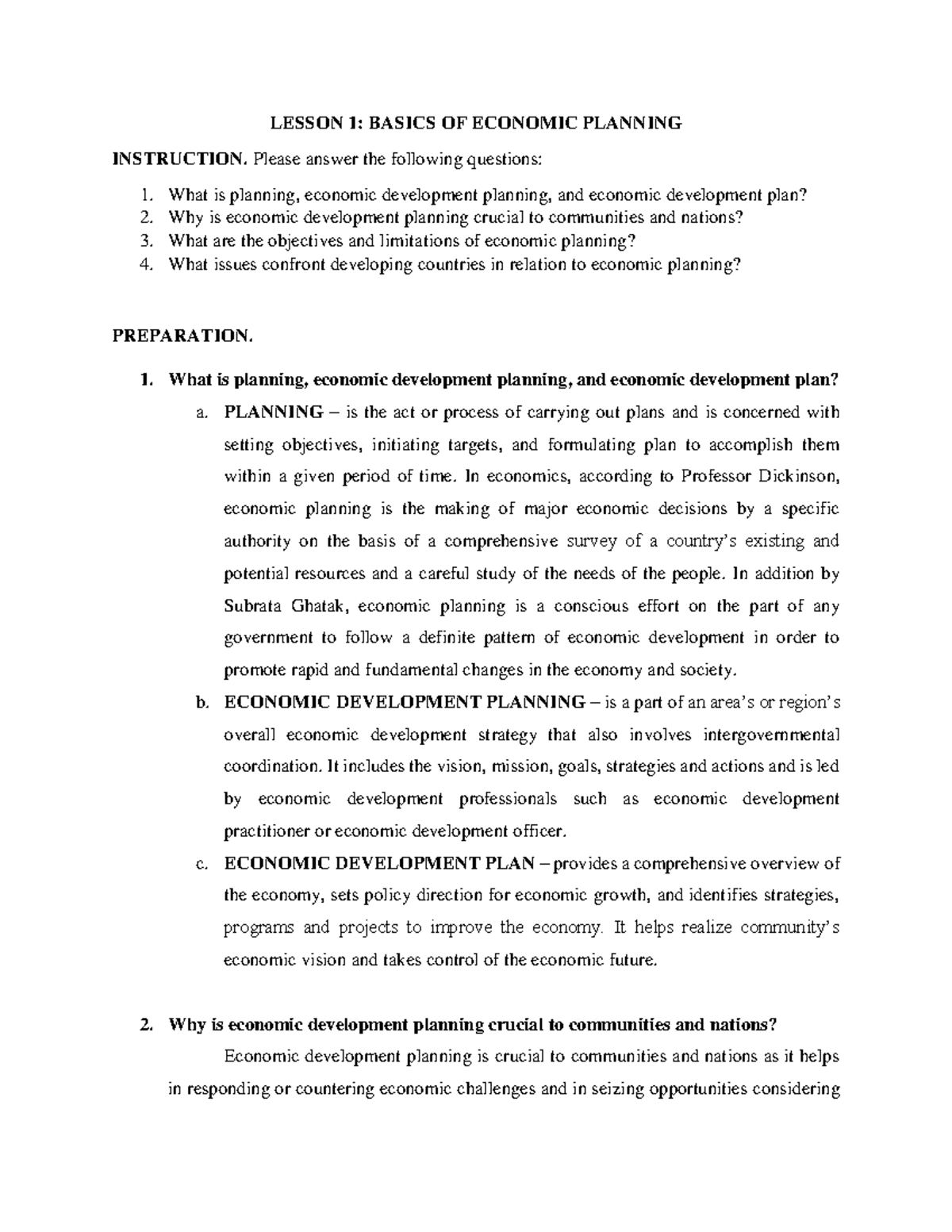 Lesson 1 Basics in Economic Planning - LESSON 1: BASICS OF ECONOMIC ...