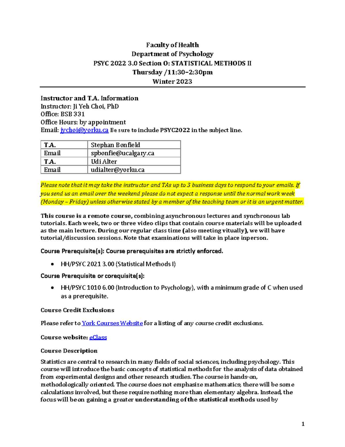 PSYC-2022O W2023-Choi - Faculty of Health Department of Psychology PSYC 2022 3 Section O: - Studocu