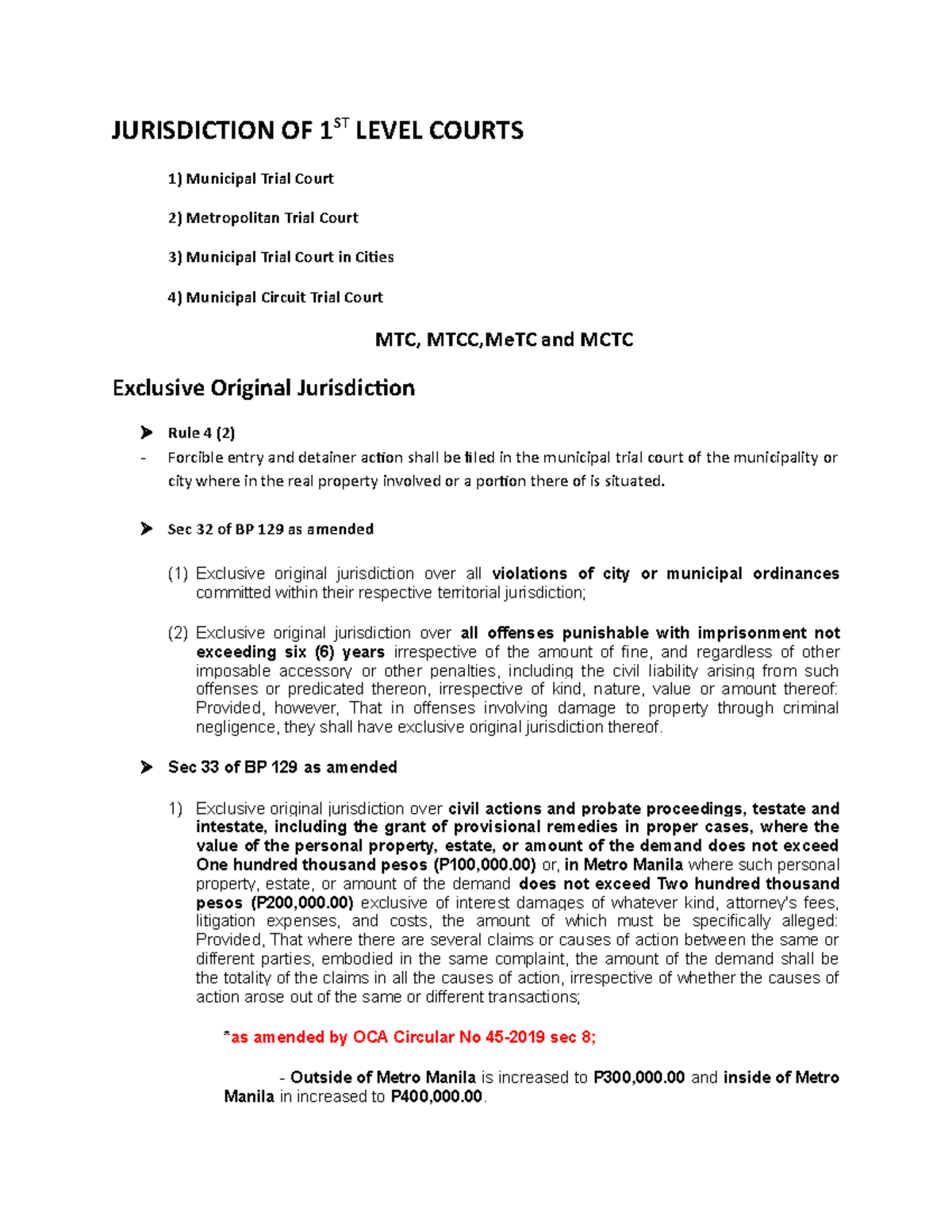 Civ Pro 1 - Jurisdiction - JURISDICTION OF 1 ST LEVEL COURTS 1 ...