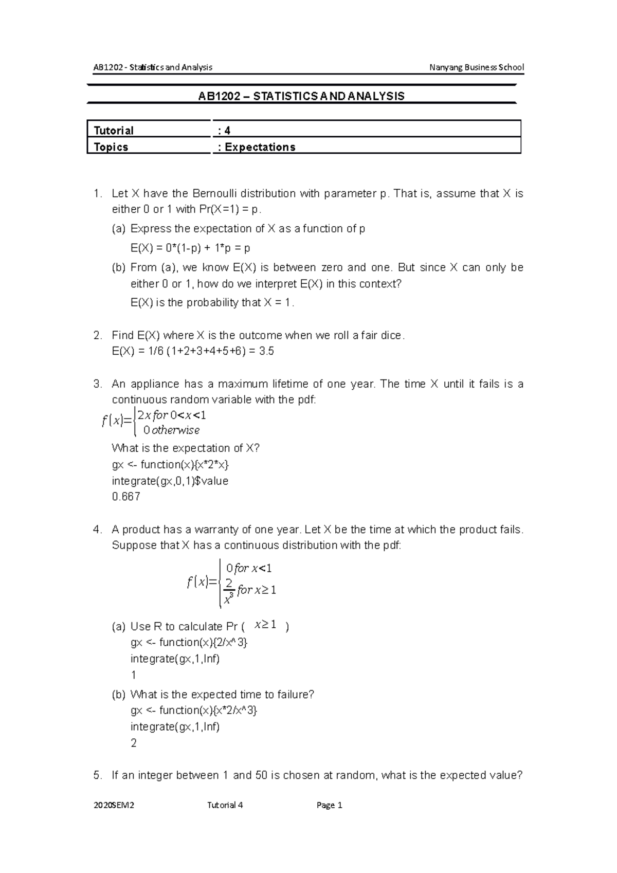 Questions week 4 - AB1202 - Statistics and Analysis Nanyang Business ...