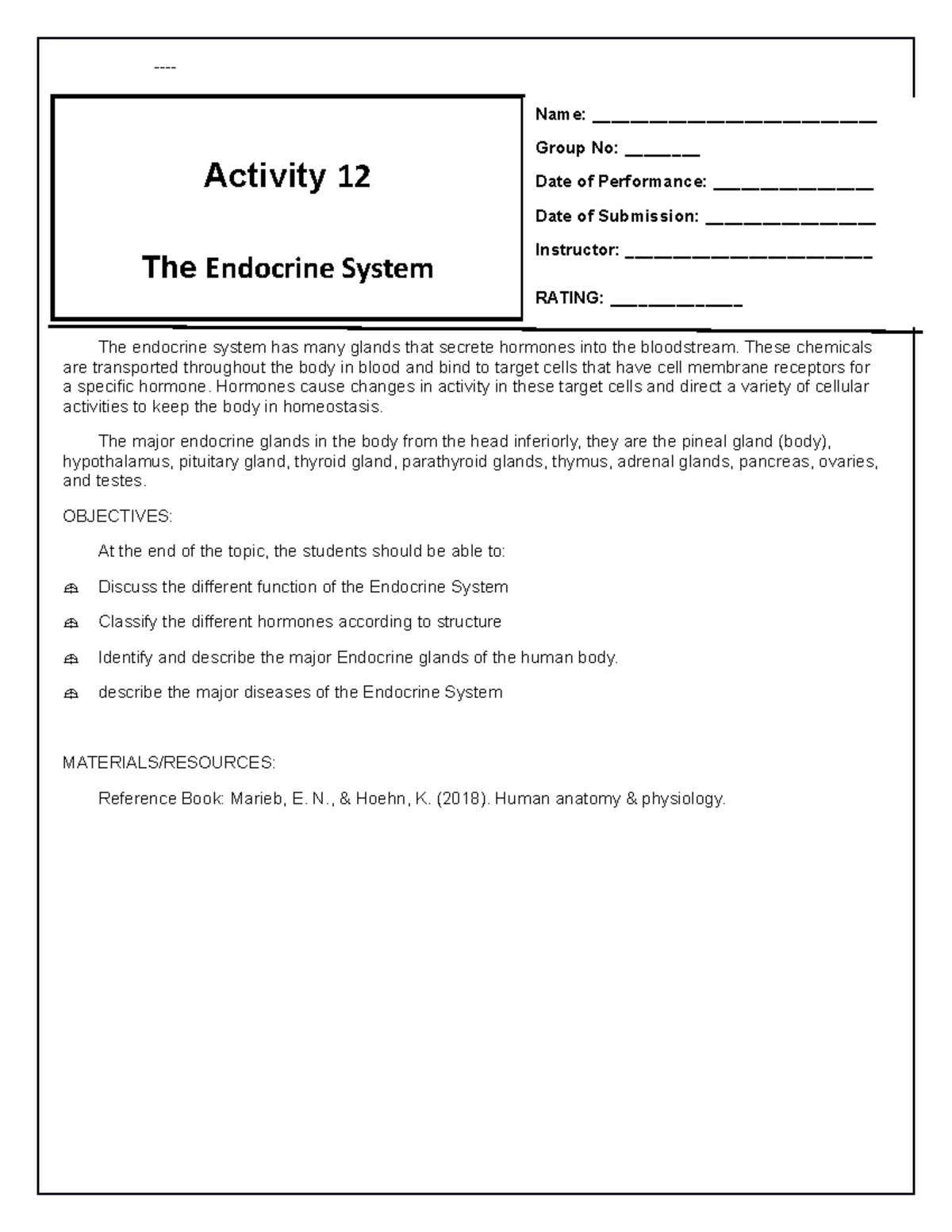 Activity 12 THE Endocrine System - The endocrine system has many glands ...