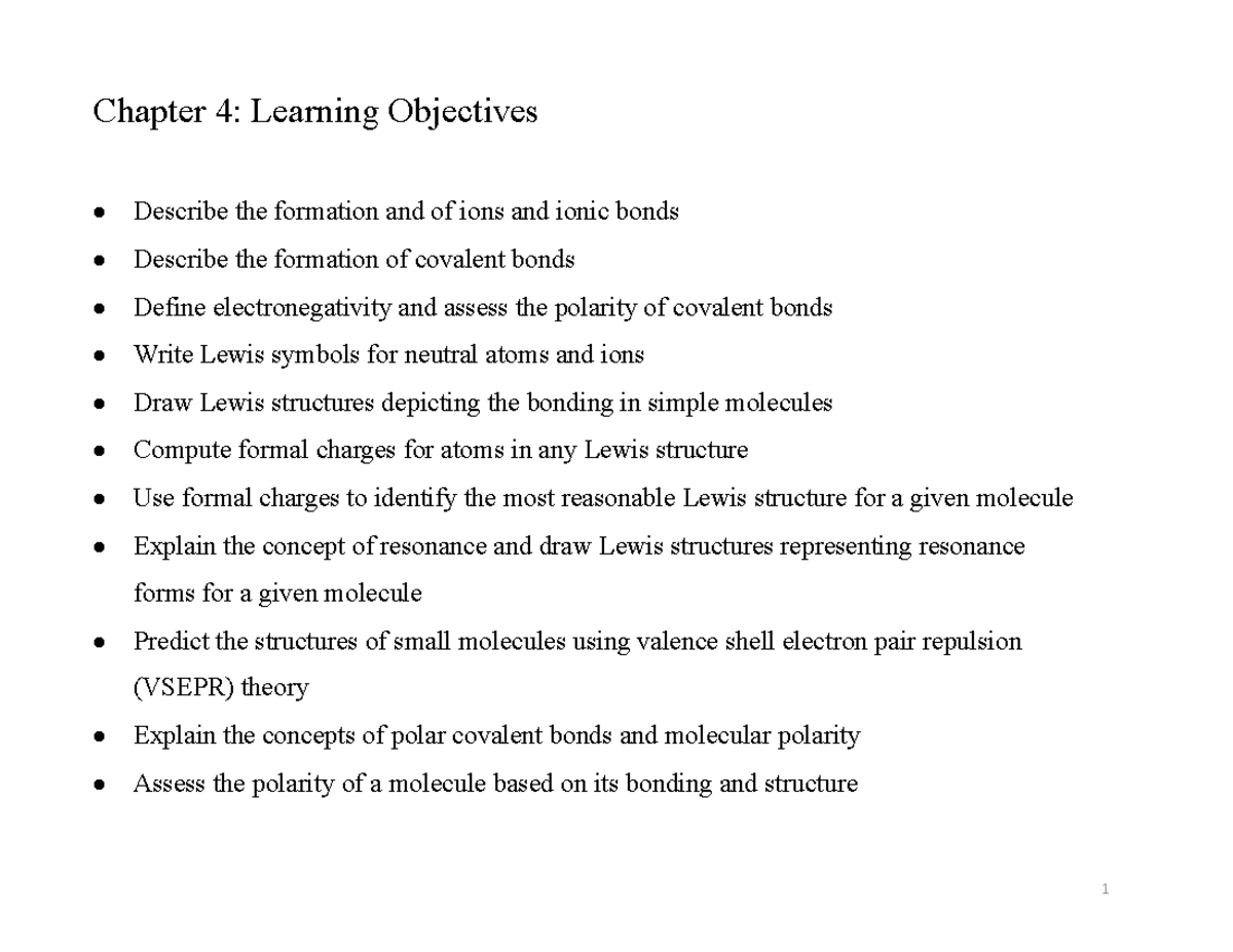 Ch4 Bonding Part 1 Fa22 annotated - Chapter 4: Learning Objectives Describe the formation and of ...