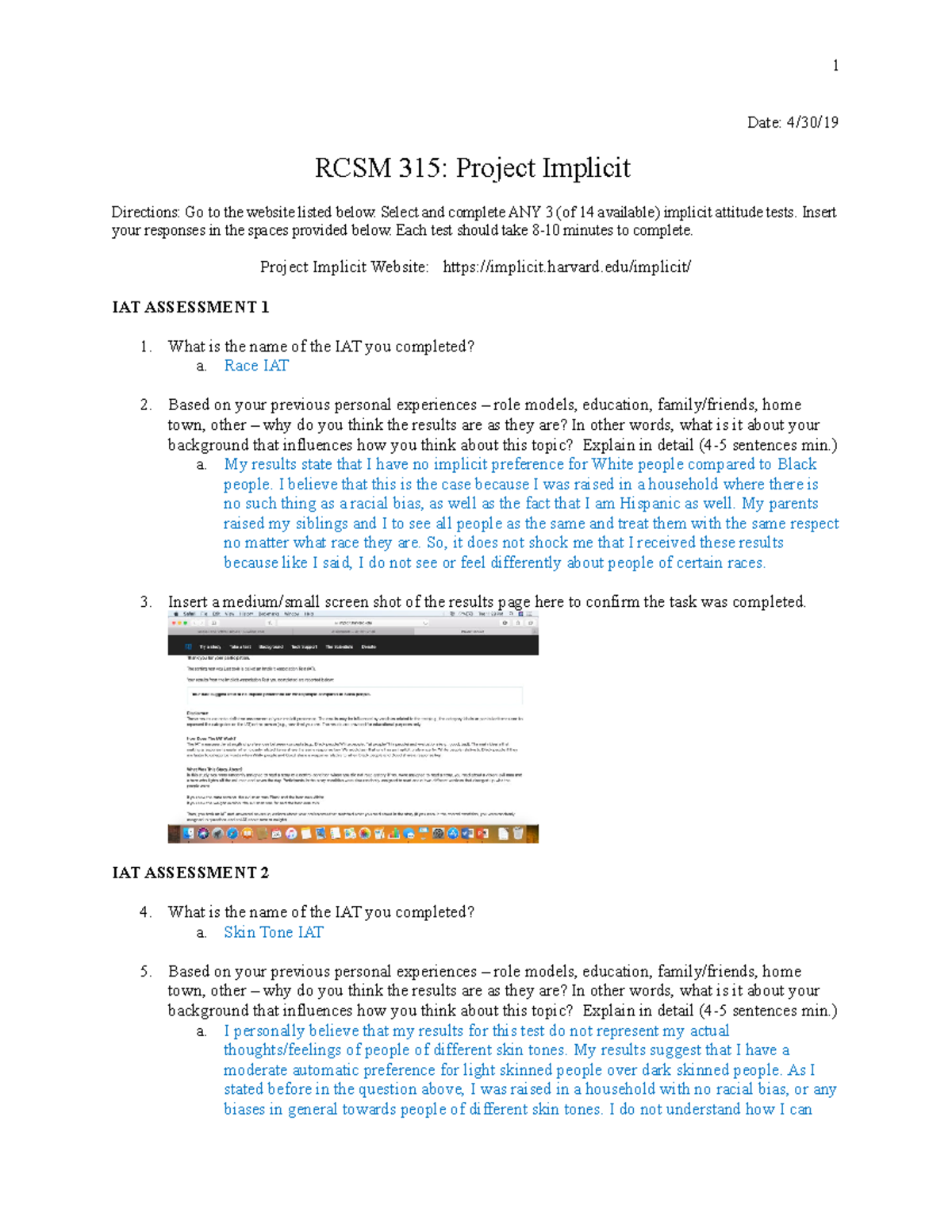 RCSM 315 Project Implicit - 1 Date: 4/30/ RCSM 315: Project Implicit ...