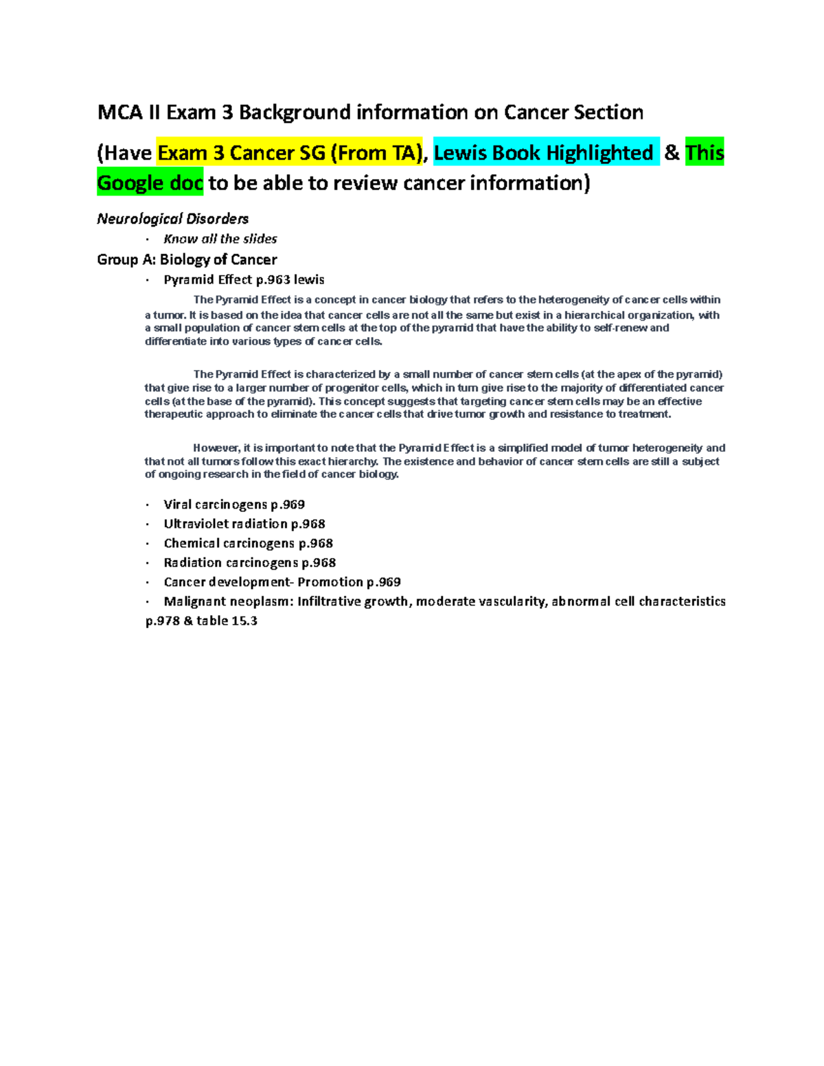 MCA II Exam 3 Cancer Review - MCA II Exam 3 Background information on ...