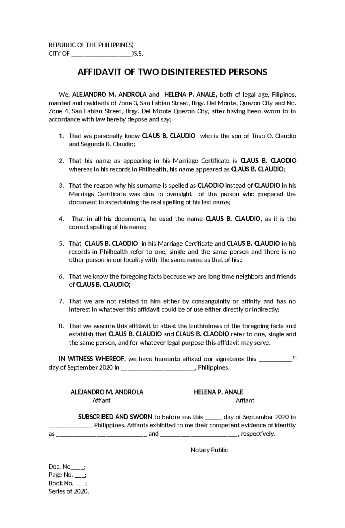 4 Affidavit of Two Disinterested Persons One and the Same Person ...