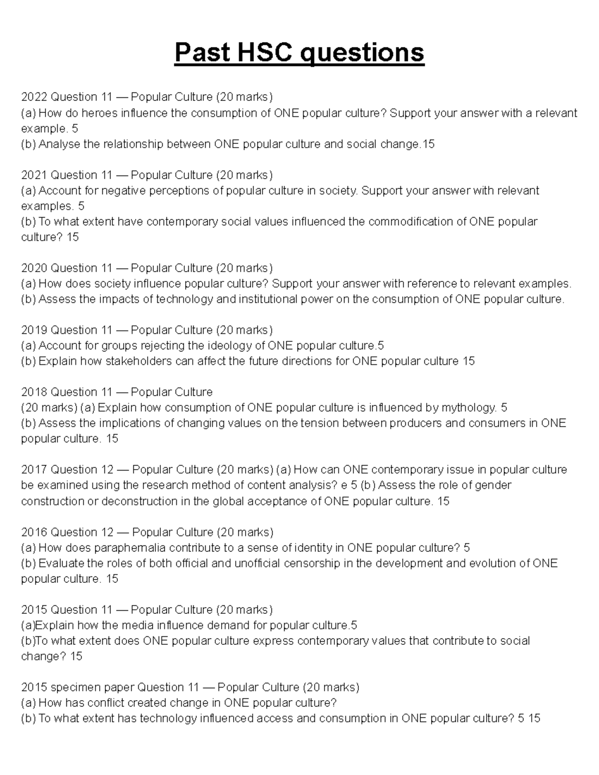 Past pop culture HSC questions - Past HSC questions 2022 Question 11 ...