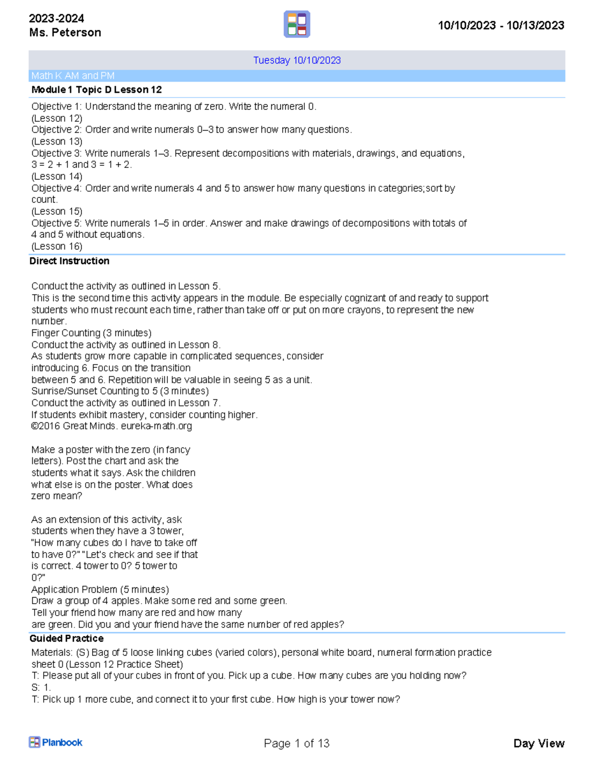 Planbook (12) - reference - Tuesday 10/10/ Math K AM and PM Module 1 ...