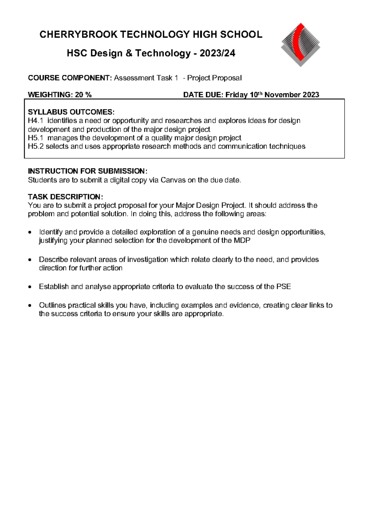 2024 AT1 - Project proposal - CHERRYBROOK TECHNOLOGY HIGH SCHOOL HSC ...