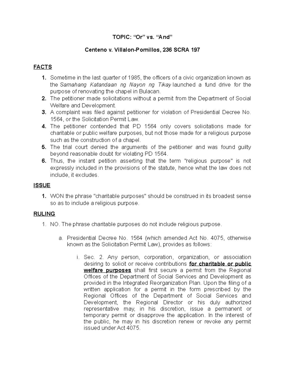 Centeno v Villalon-Pornillos - TOPIC: “Or” vs. “And” Centeno v ...