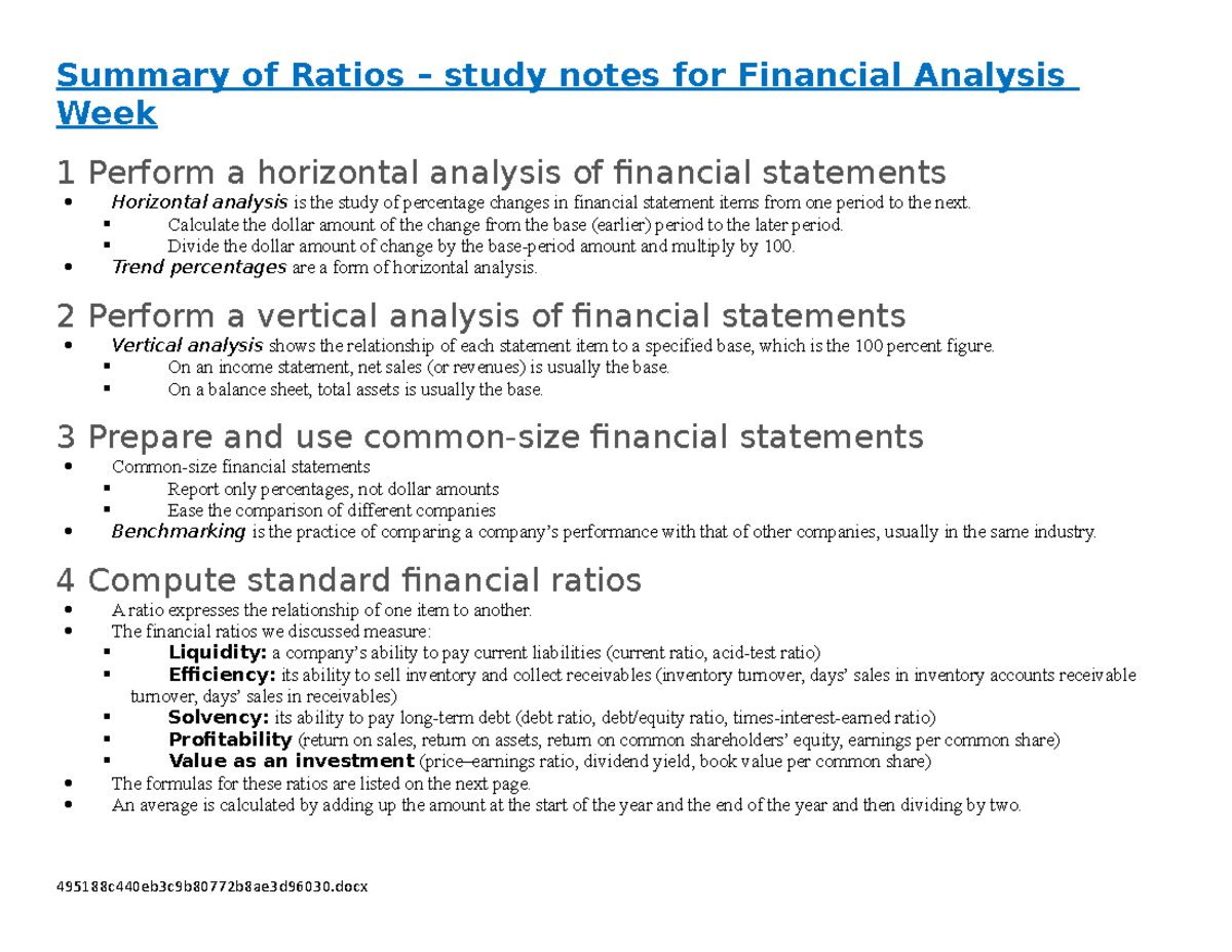 Ratios Summary notes from H11e ch18 v1bb - Summary of Ratios – study ...