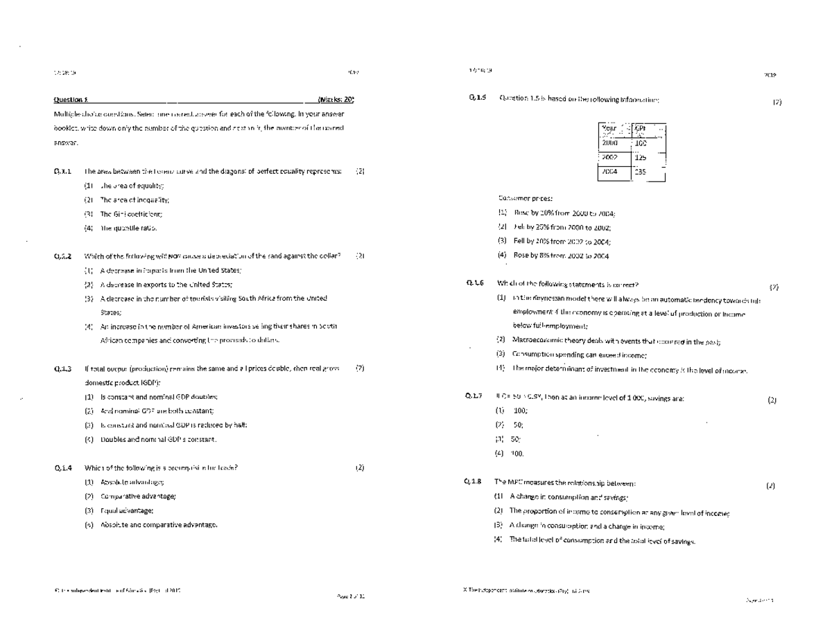 Eco test 2 3 - Economics 1B past paper 2019 - PMAC6112 - Studocu
