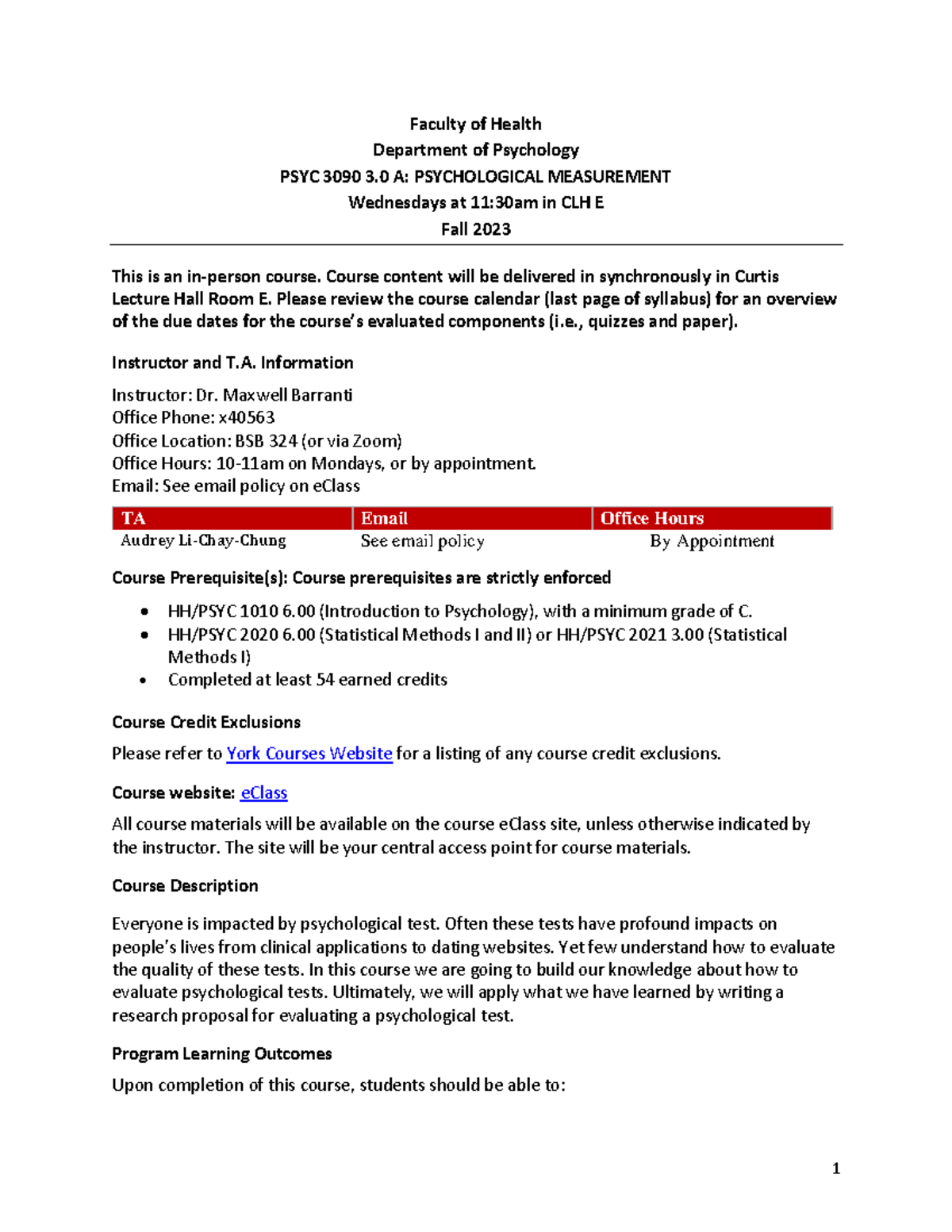 PSYC 3090 Section A Syllabus - Faculty of Health Department of ...