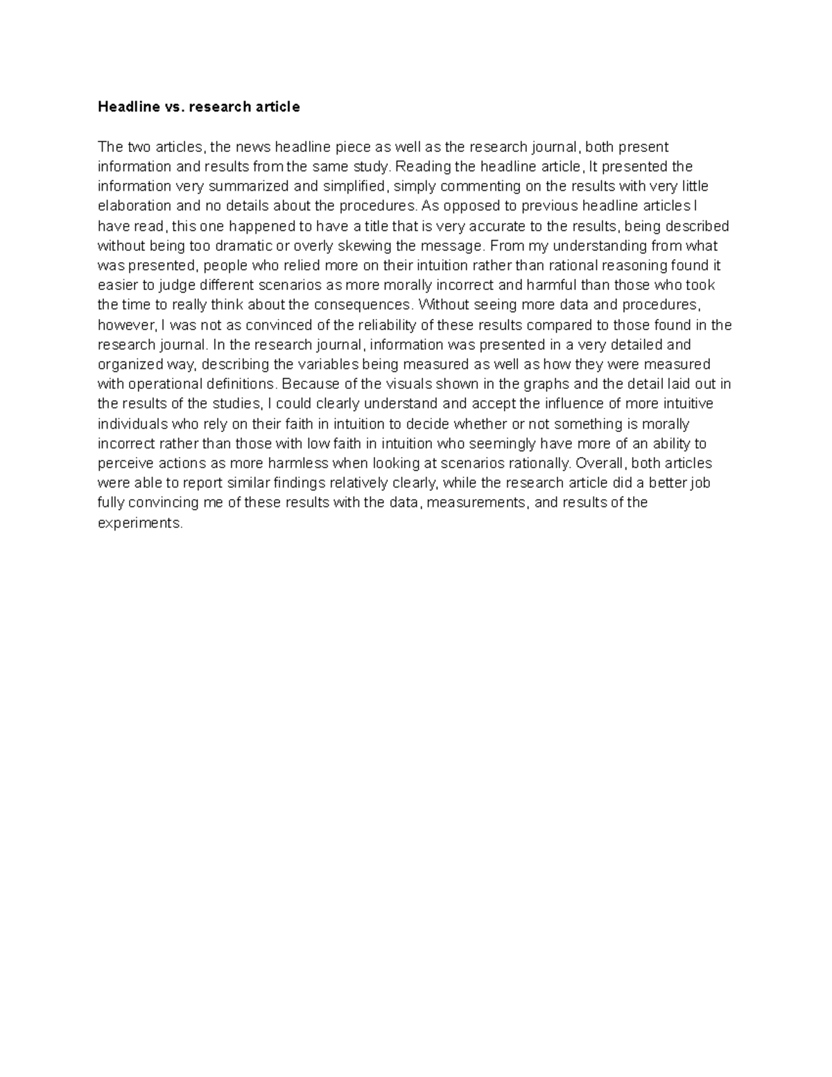 Psychology in the news 3 - Headline vs. research article The two ...