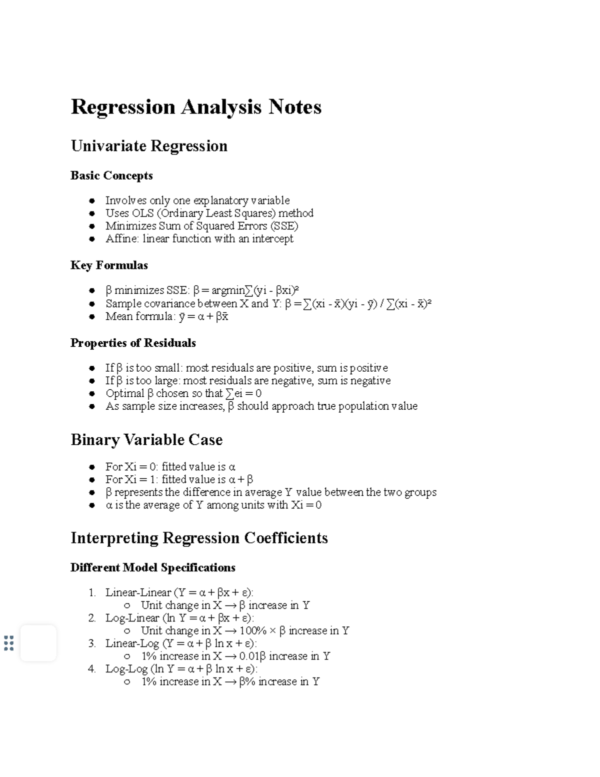 Econ 140a part2 Regression notes - Regression Analysis Notes Univariate ...