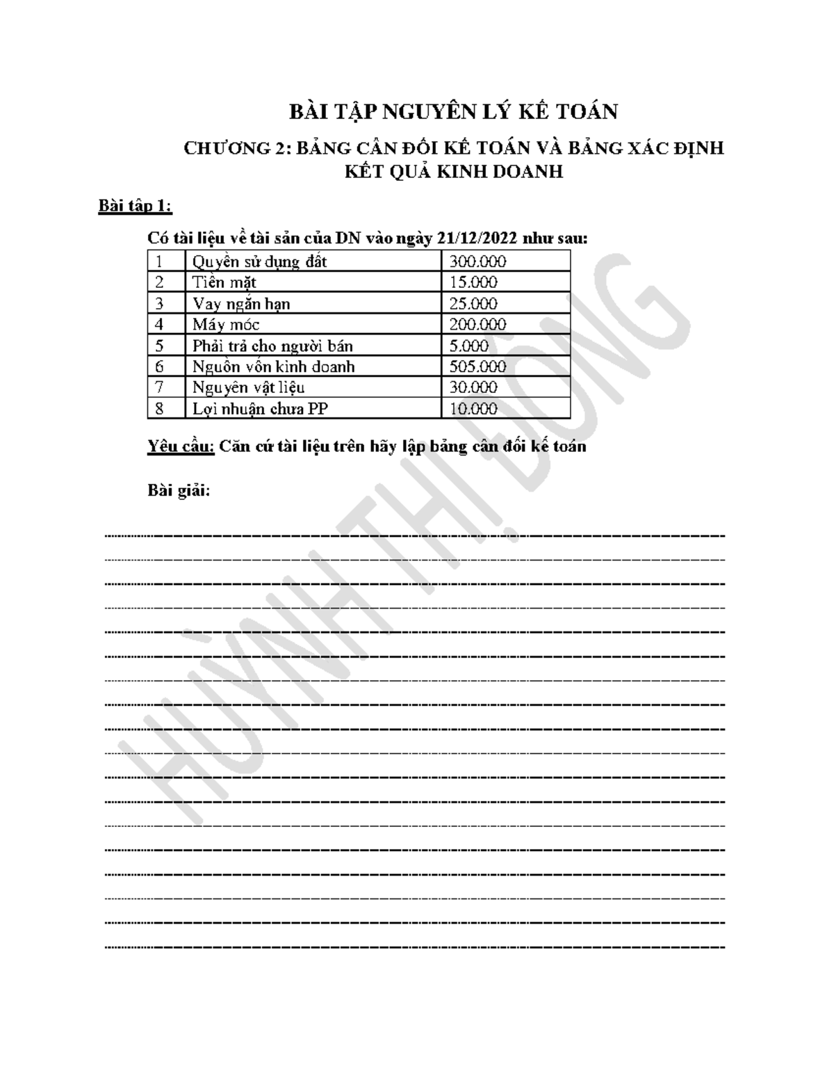 BAI TAP NLKT C2 SV - chaiaichai - BÀI TẬP NGUYÊN LÝ KẾ TOÁN CHƯƠNG 2: BẢNG CÂN ĐỐI KẾ TOÁN VÀ ...