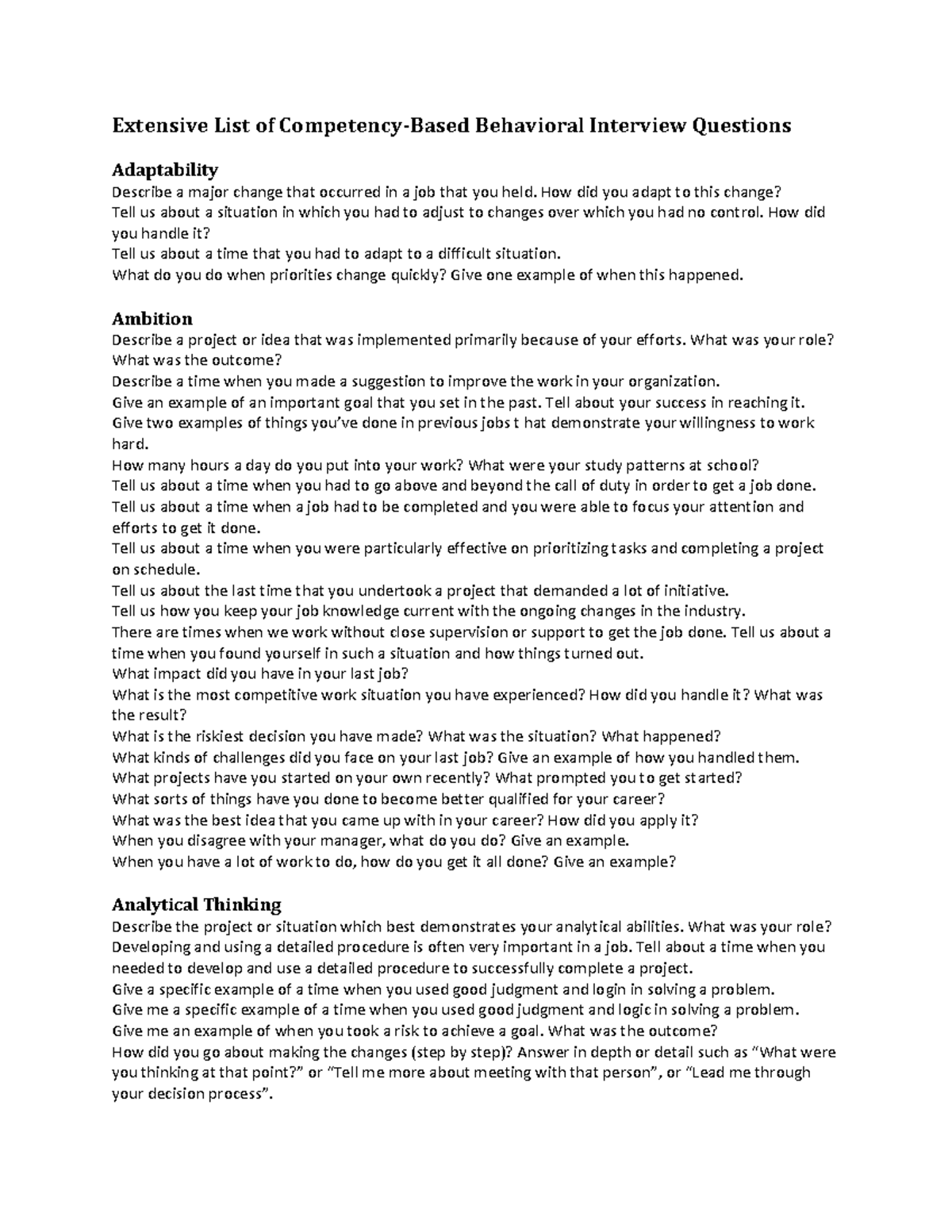 Behavioral Interview Questions-1 - Extensive List of Competency‐Based ...