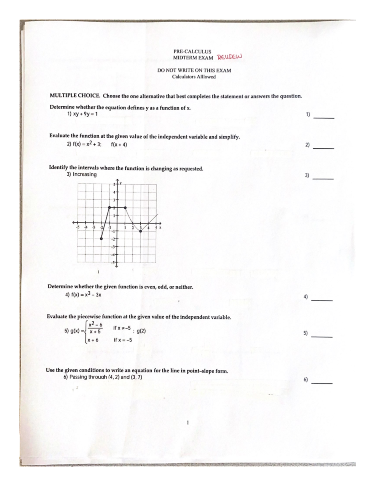 PRE- Calculus midterm review 2022 - MIDTERM EXAM REVIEW DO NOT WRITE ON ...