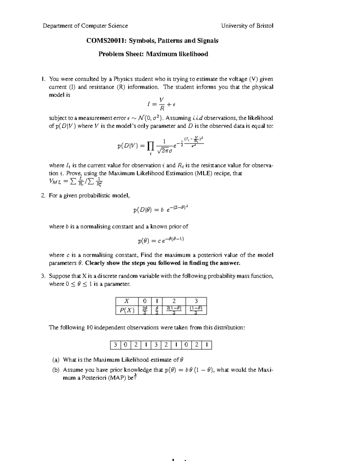 Problem Sheet 1 - Maximum Likelihood - Department of Computer Science ...
