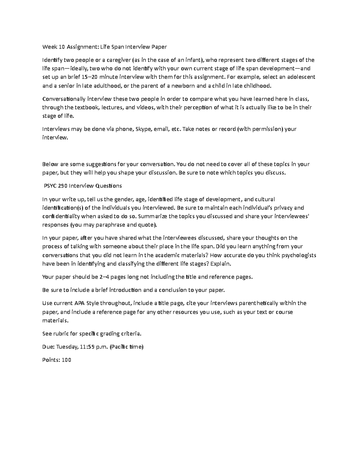 Week 10 - minutes - Week 10 Assignment: Life Span Interview Paper ...