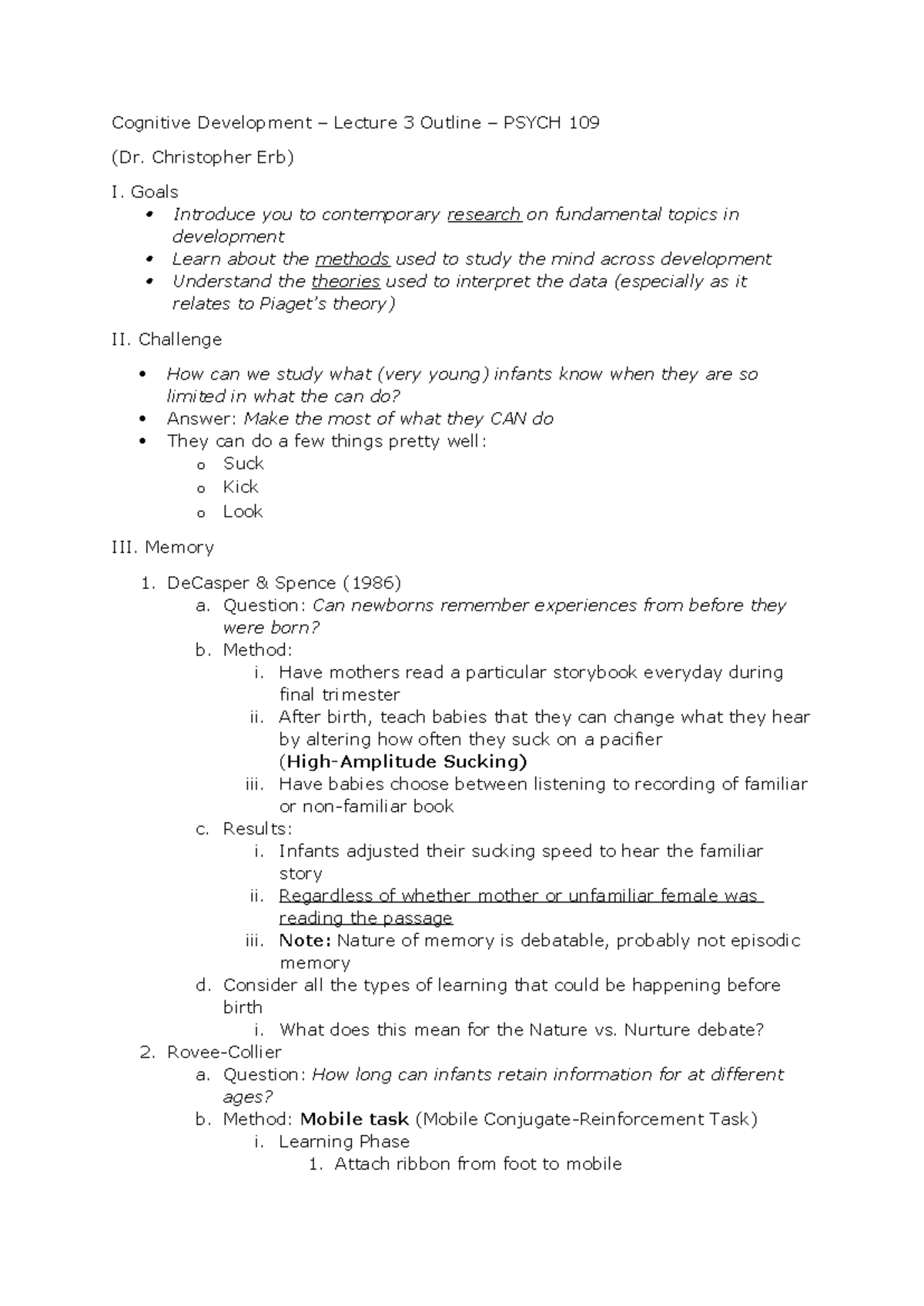 Cognitive Development - Lecture 3 - Core Topics - Lecture Outline-3 ...
