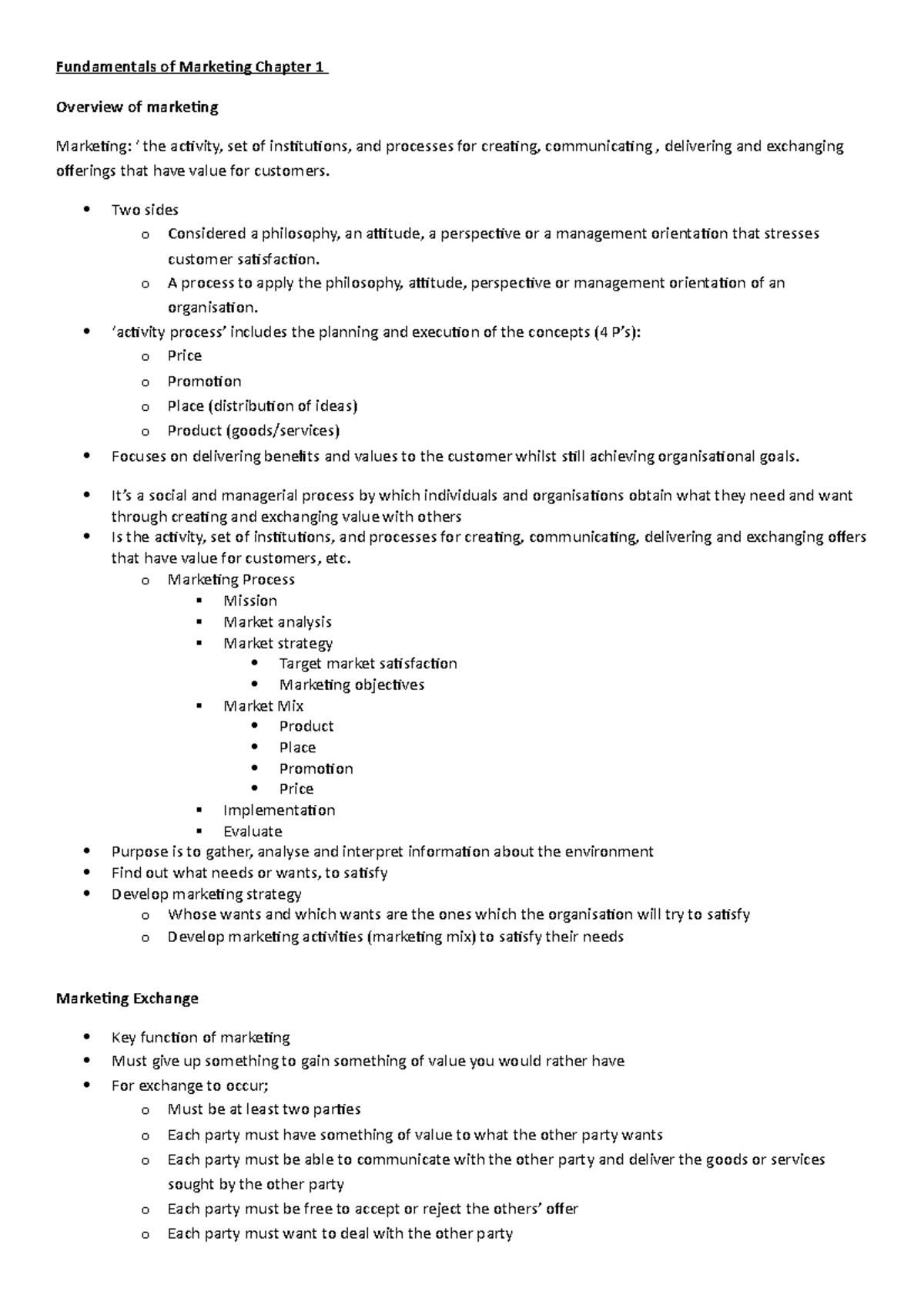 Fundamentals of Marketing Chapter 1 - Two sides o Considered a ...